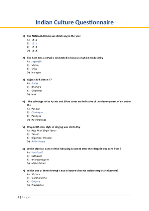 MCQ questions on Indian Culture - Indian Society And Culture - PU - Studocu