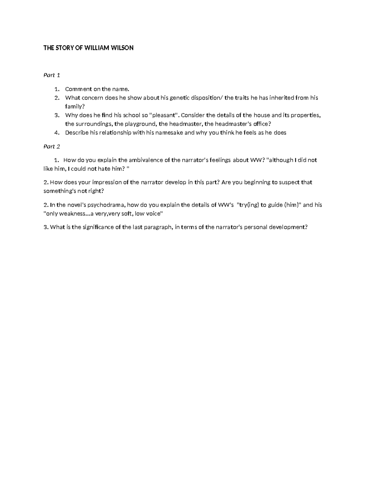 William Wilson worksheet - THE STORY OF WILLIAM WILSON Part 1 1 ...