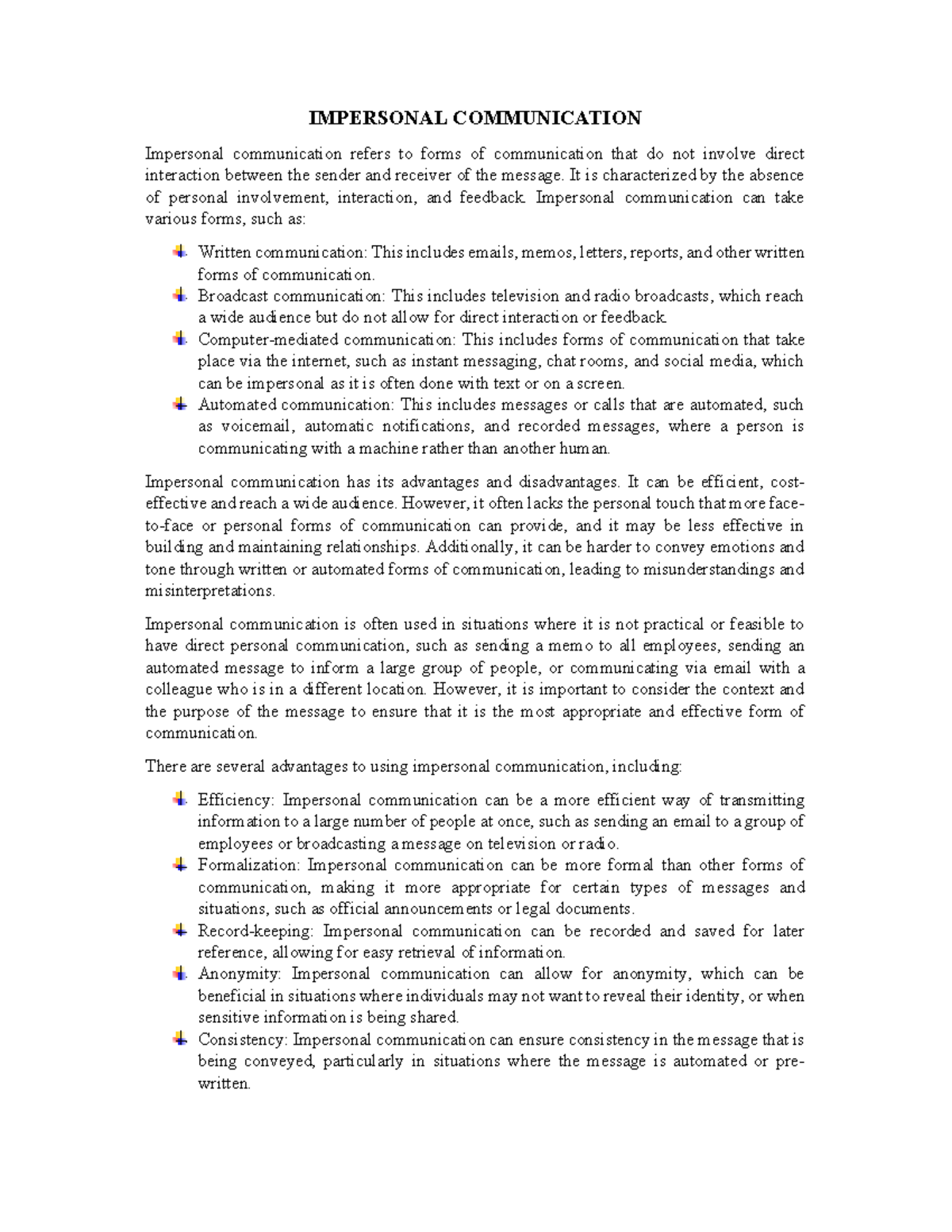 Summaries Impersonal Communication - IMPERSONAL COMMUNICATION Impersonal communication refers to ...