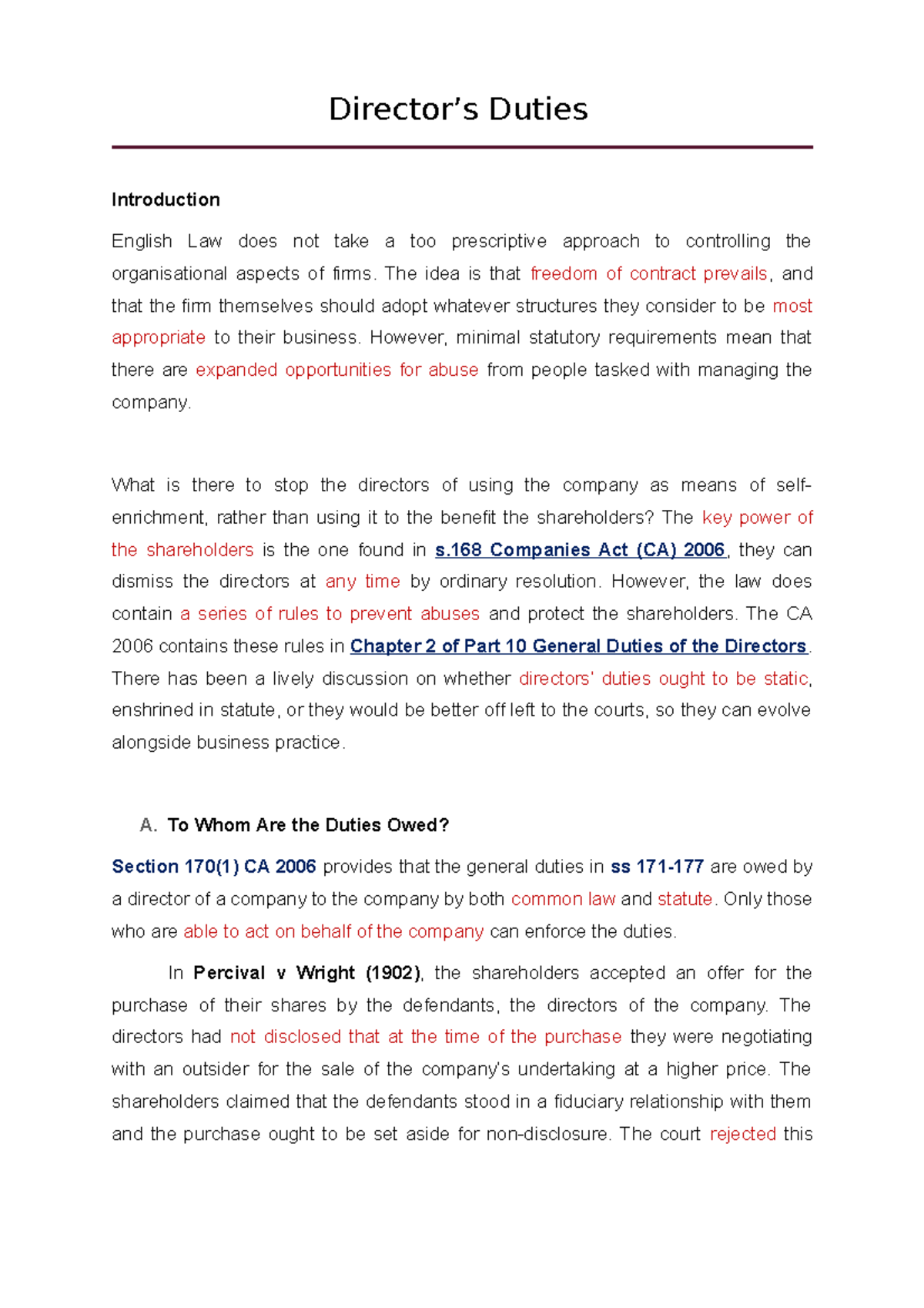 8. Directors' duties - Director’s Duties Introduction English Law does ...