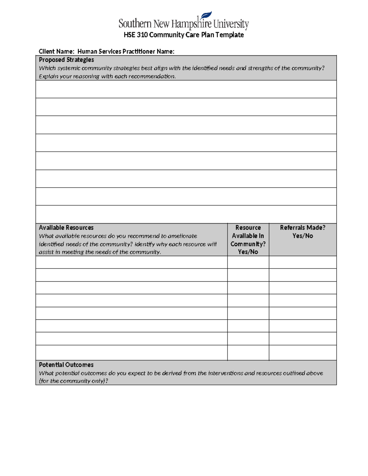HSE 310 Community Care Plan Template - HSE 310 Community Care Plan ...