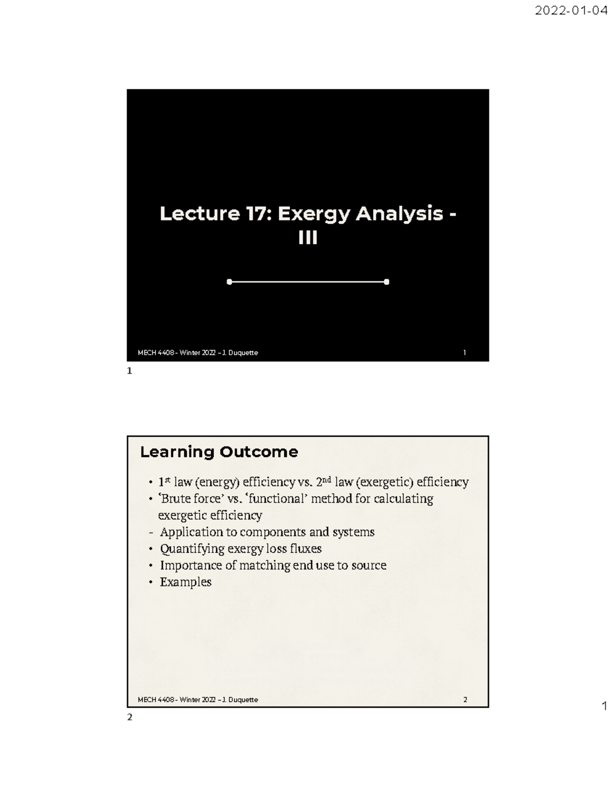 Module 4 Lecture 17 Notes 1 Lecture 17 Exergy Analysis Iii Mech 4408 Winter 2022 J