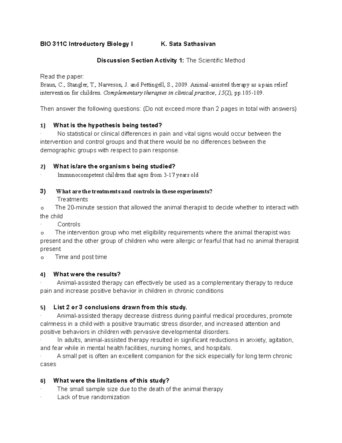 Discussion - Notes - BIO 311C Introductory Biology I K. Sata Sathasivan ...