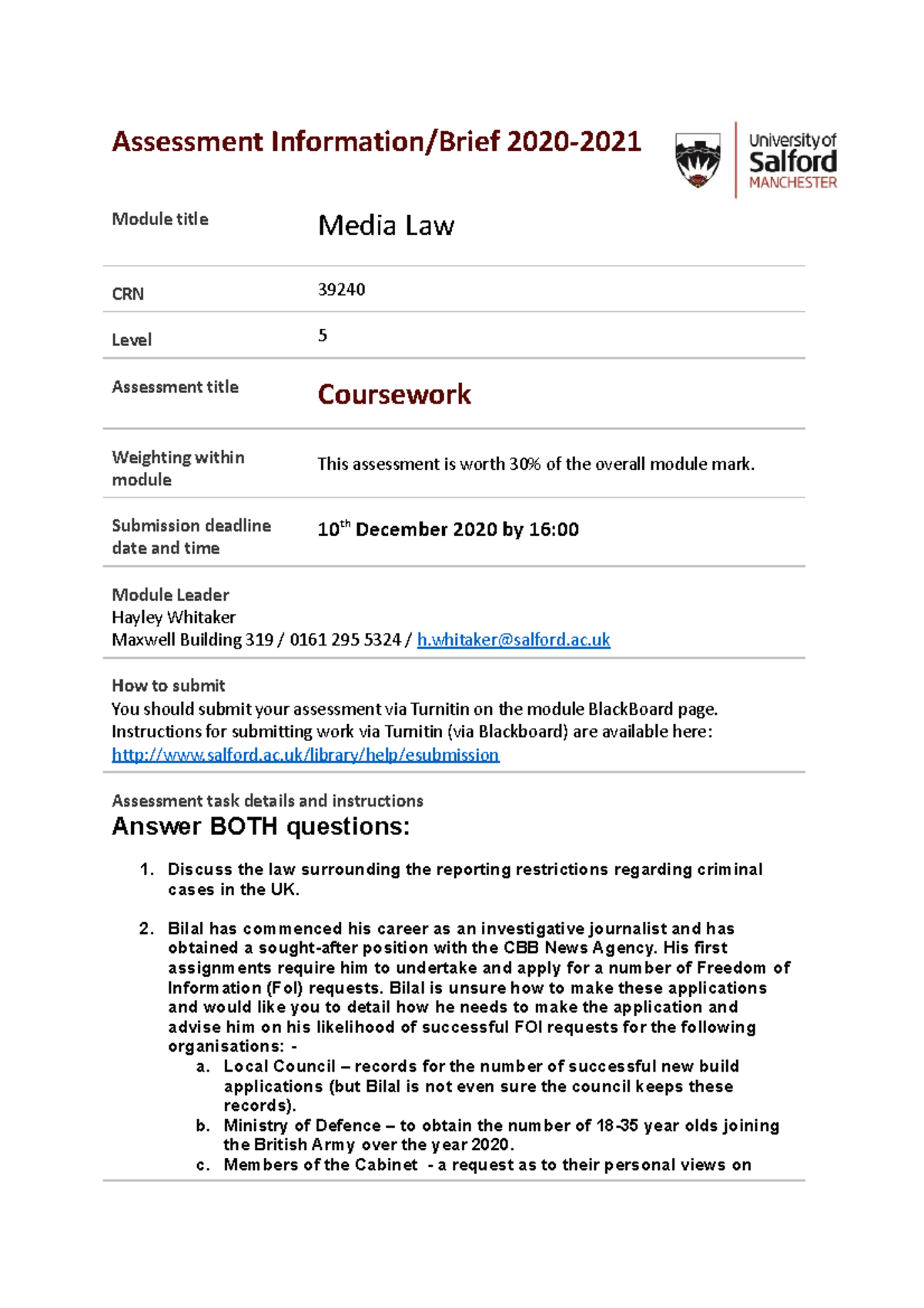 39240 Media Law Coursework 2 3 - Assessment Information/Brief 2020 ...