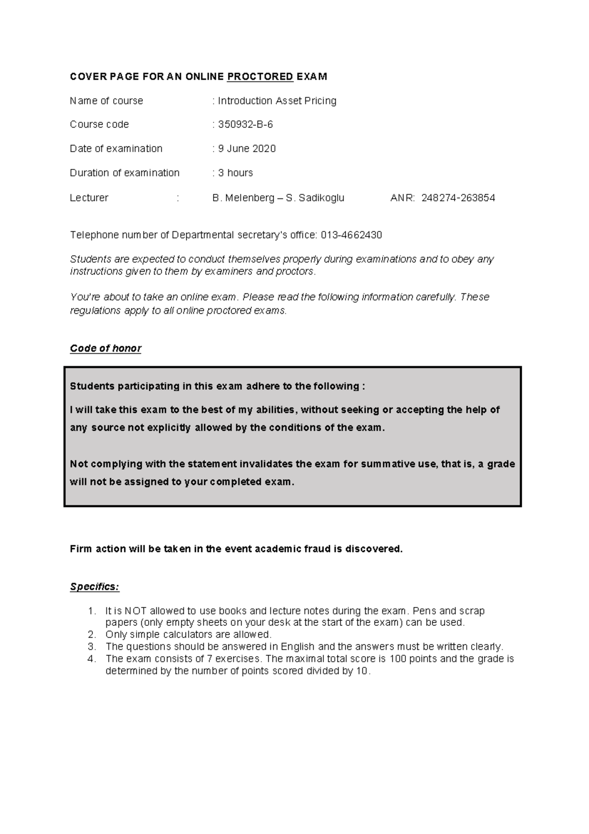 Exam Introduction Asset Pricing 2020 - COVER PAGE FOR AN ONLINE ...