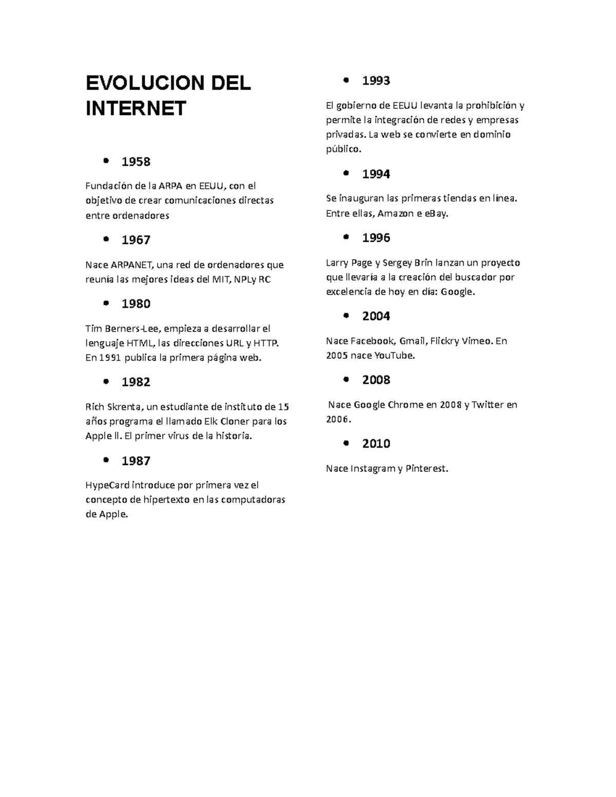Evolucion Internet - EVOLUCION DEL INTERNET 1958 Fundación de la ARPA ...