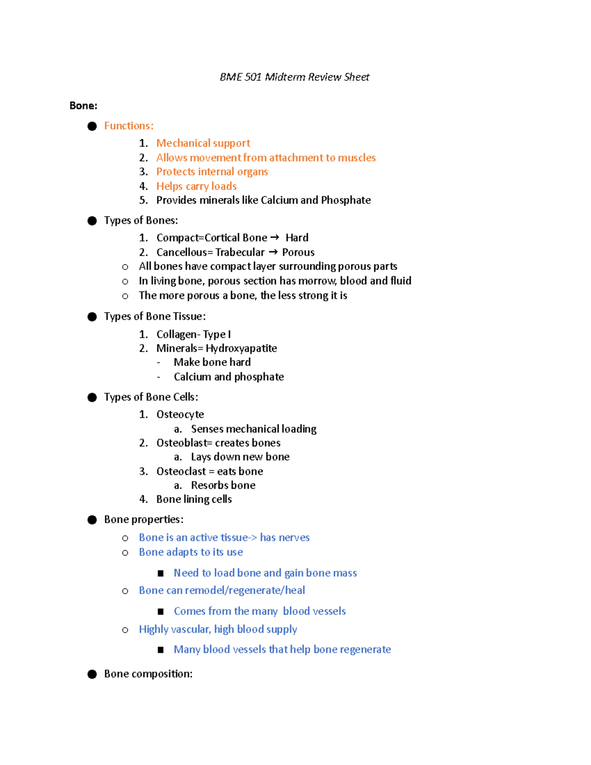 BME 501 Midterm Review Sheet - BME 501 Midterm Review Sheet Bone: Functions: 1. Mechanical ...