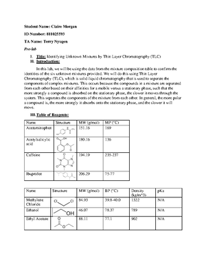 Ochem 1 experiment 8 pre-lab - Student Name: Claire Morgan ID Number ...