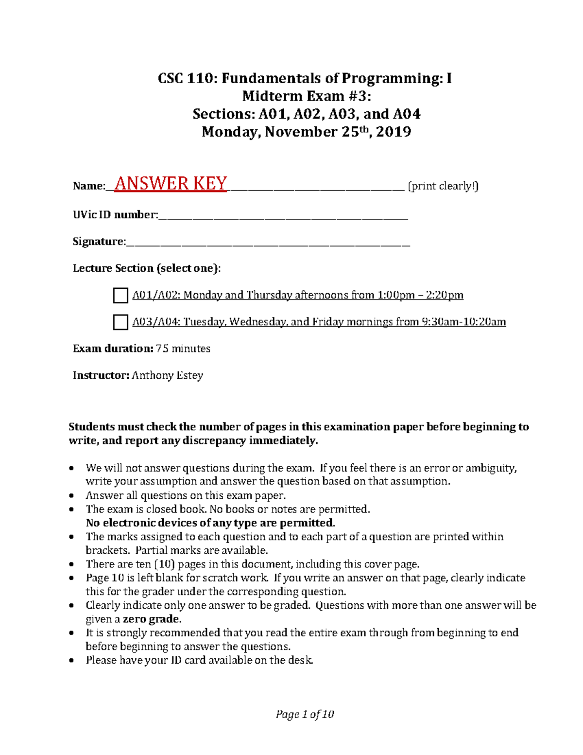 Mt3-rubric - CSC110 Midterm 3 answer key - CSC 110: Fundamentals of Programming: I Midterm Exam ...