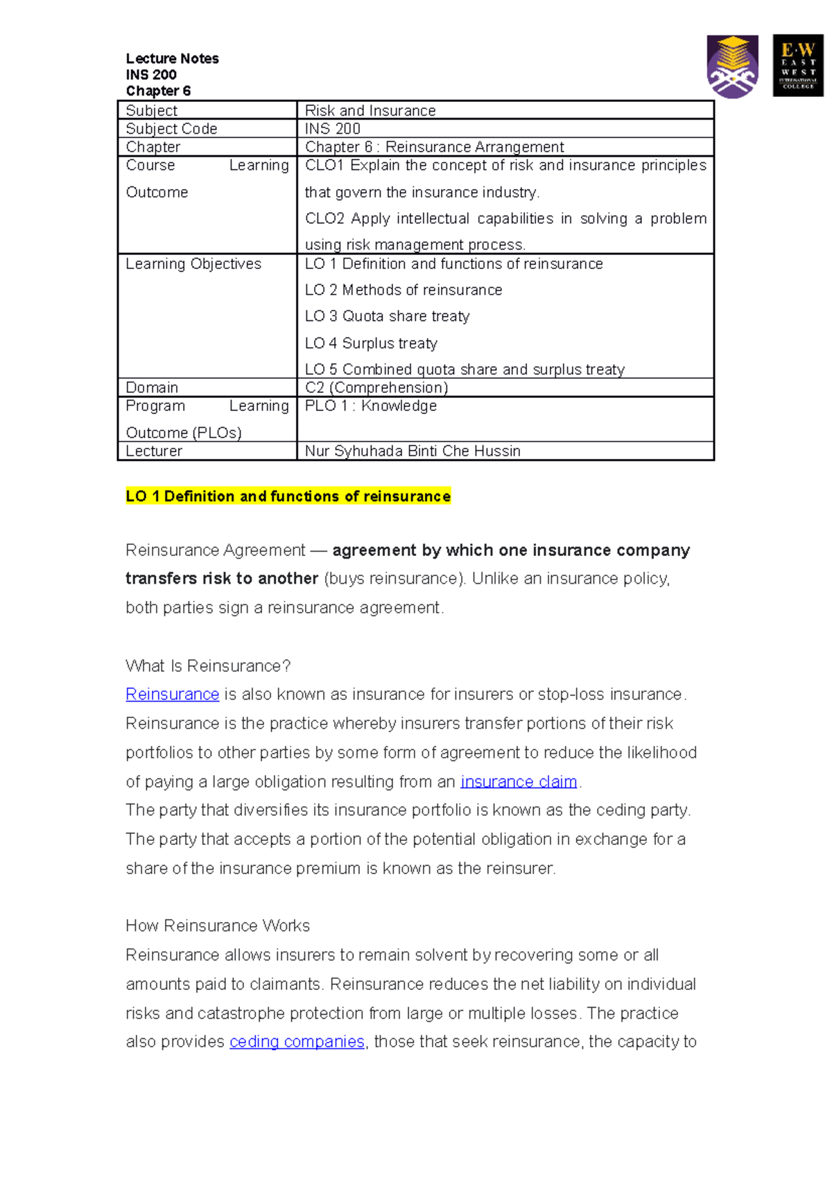 Lecture Notes INS 200 Chapter 6 - INS 200 Chapter 6 Subject Risk and ...
