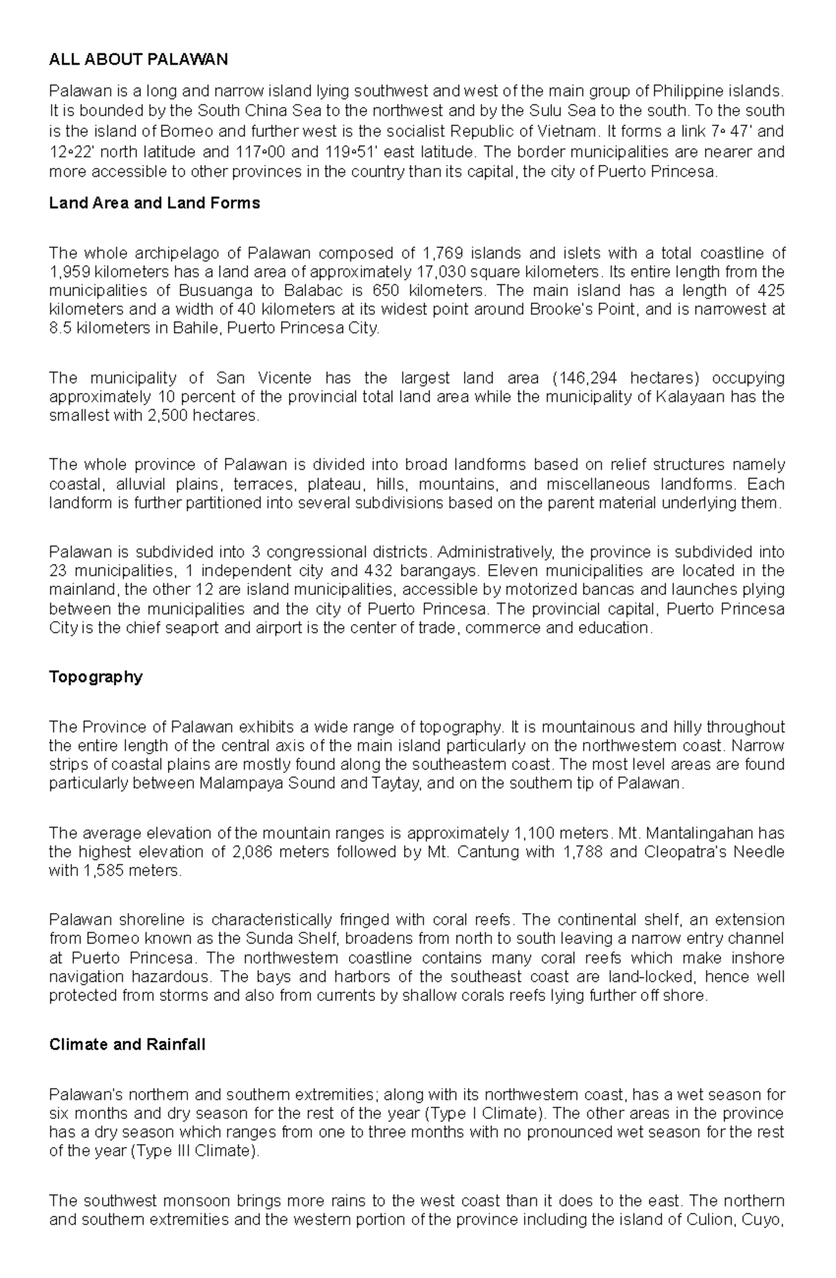 ALL About Palawan - ALL ABOUT PALAWAN Palawan is a long and narrow ...