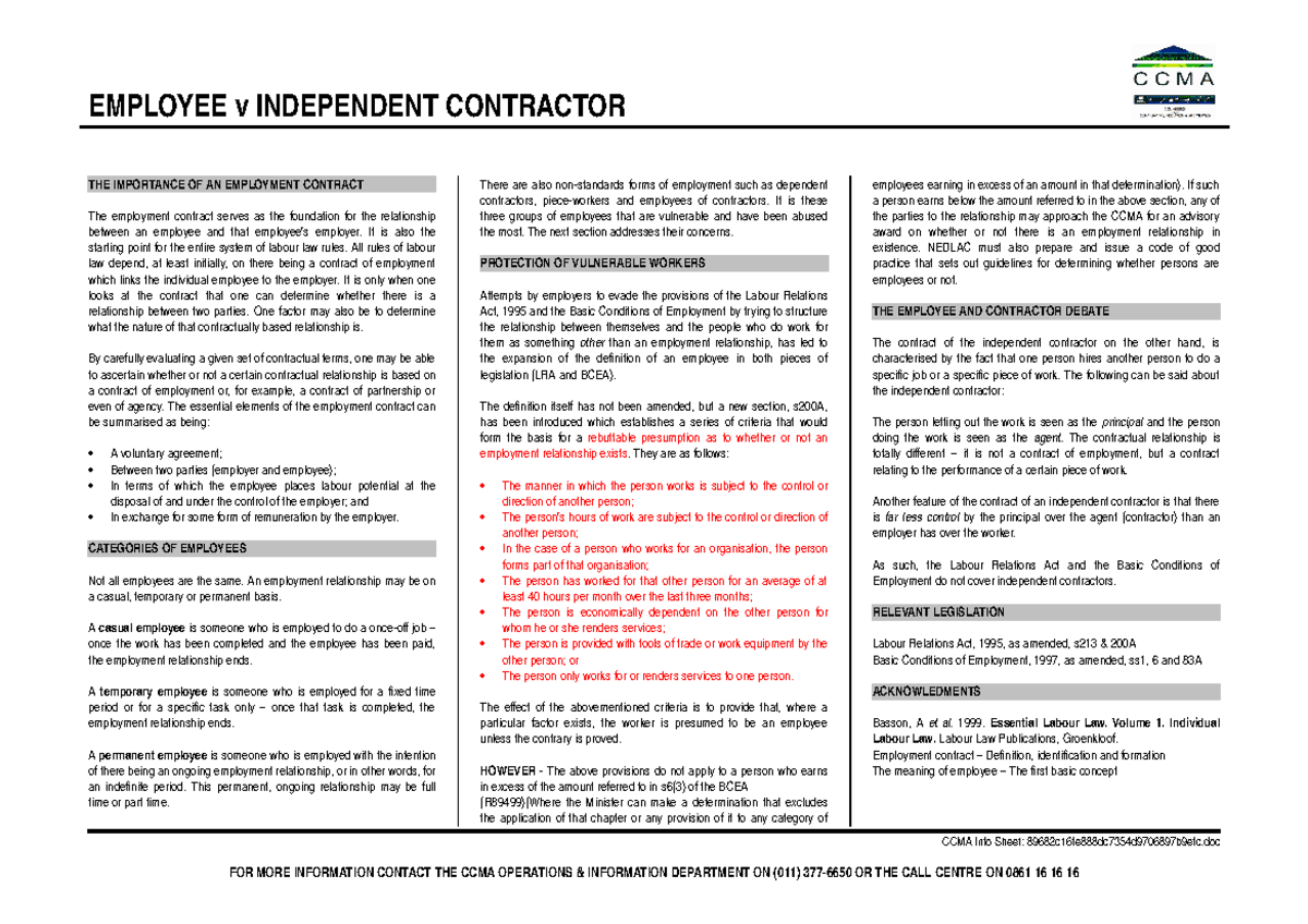 Emplyee v Independent Contractor - EMPLOYEE v INDEPENDENT CONTRACTOR ...