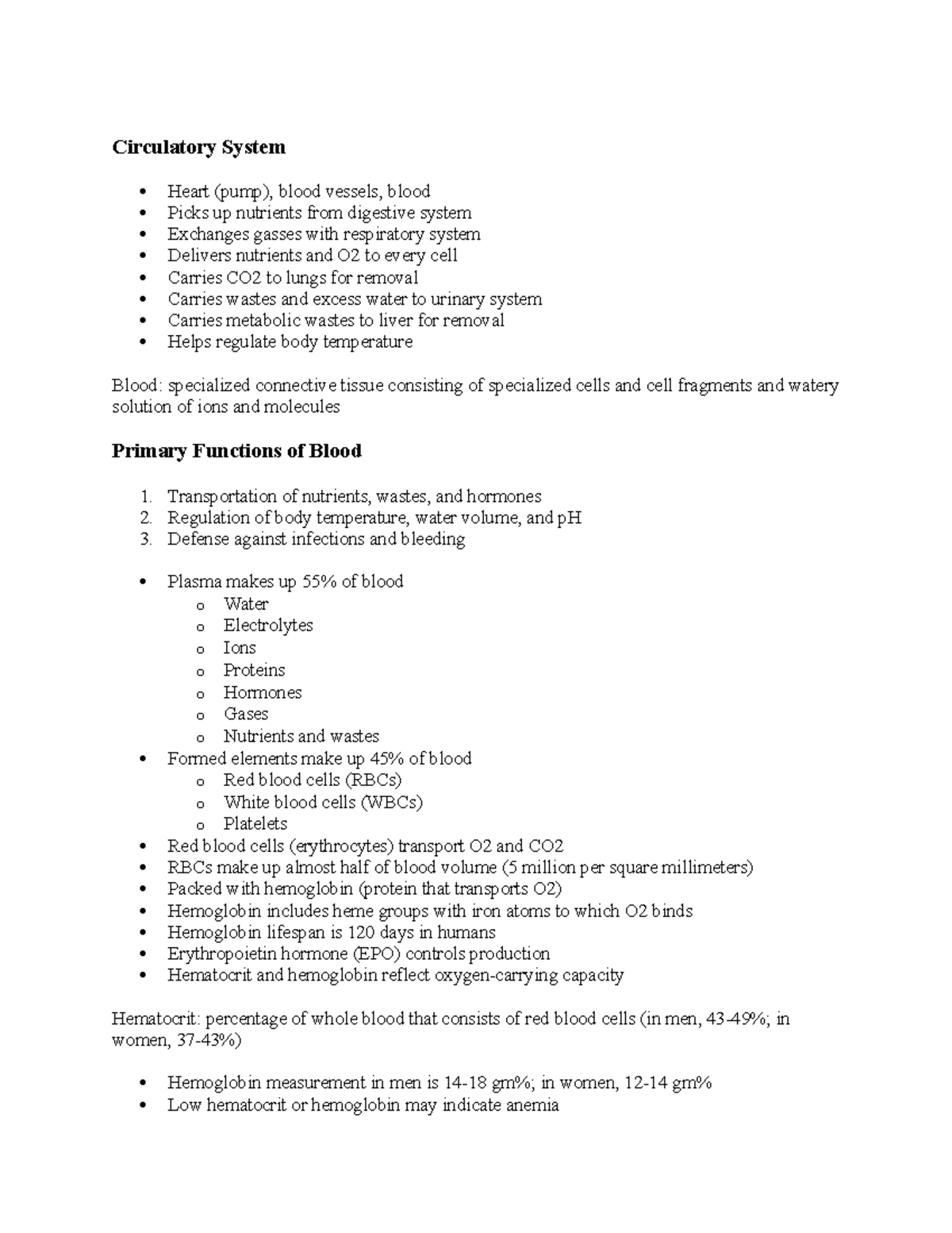 Chapter 7-Blood - Class notes - Circulatory System Heart (pump), blood ...