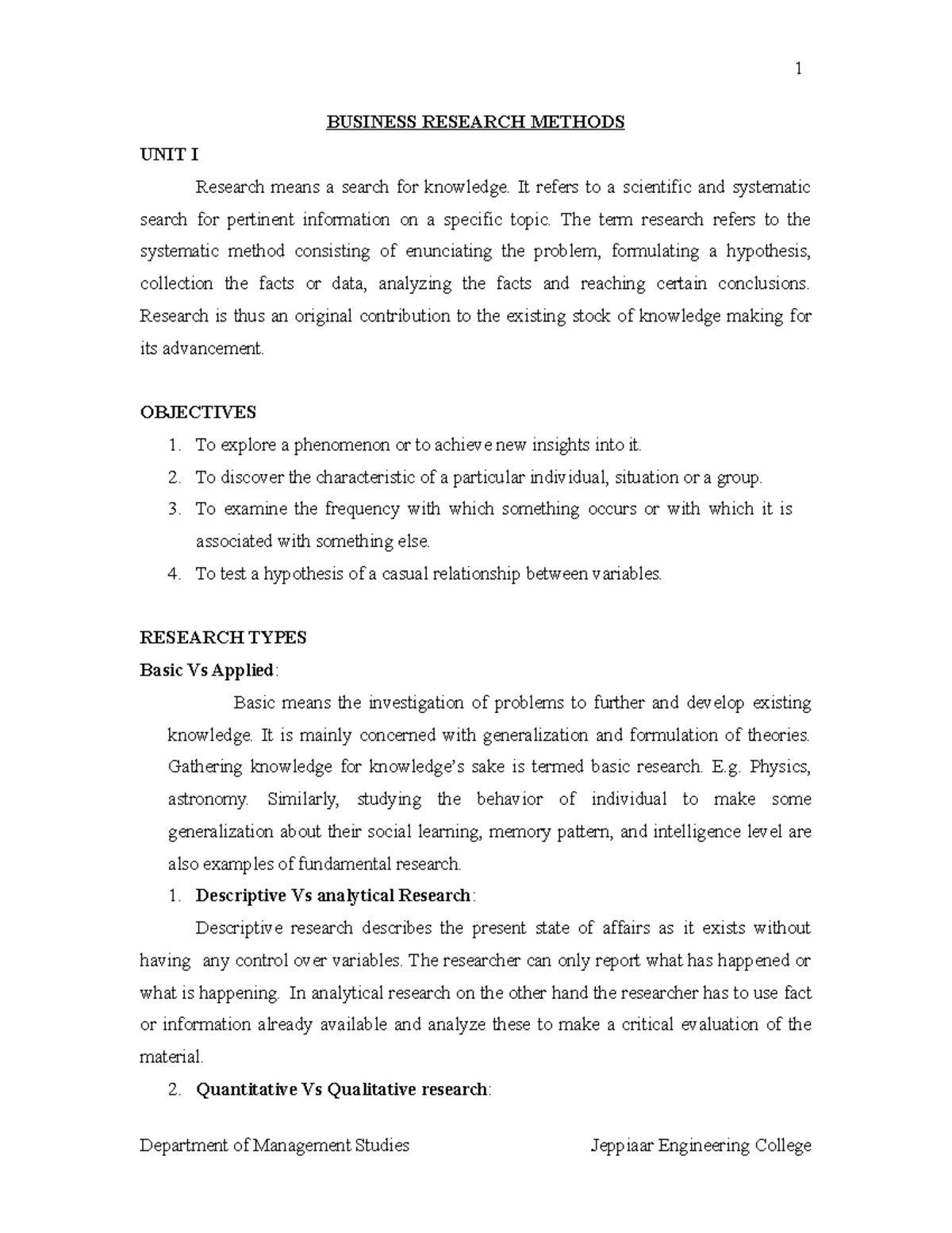 Business research methods notes - 1 Department of Management Studies ...