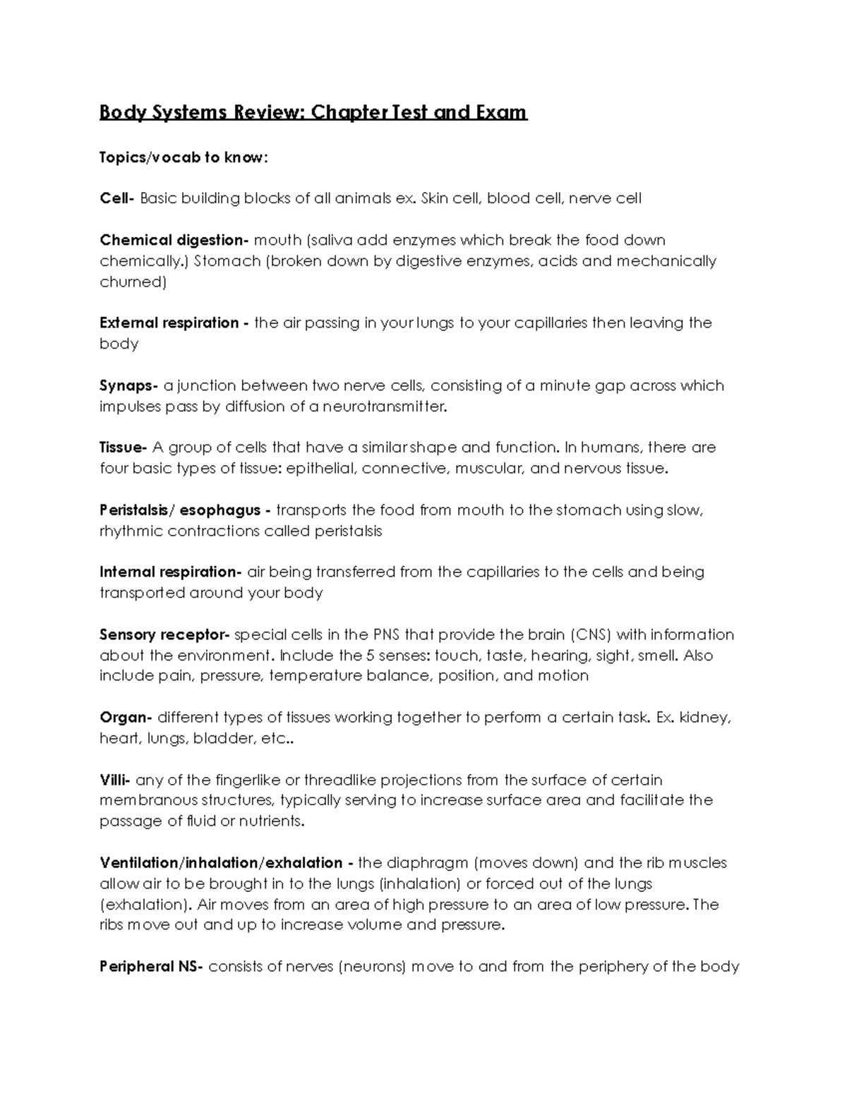 Body Systems Review Chapter Test and Exam - Body Systems Review ...