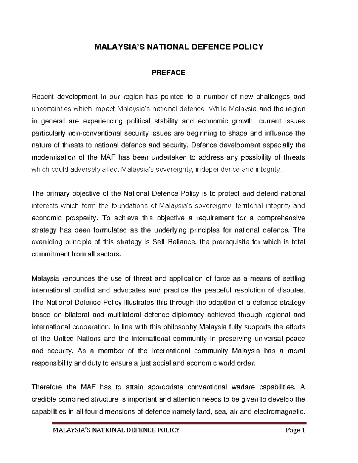 National-Defence-Policy - MALAYSIA’S NATIONAL DEFENCE POLICY PREFACE ...