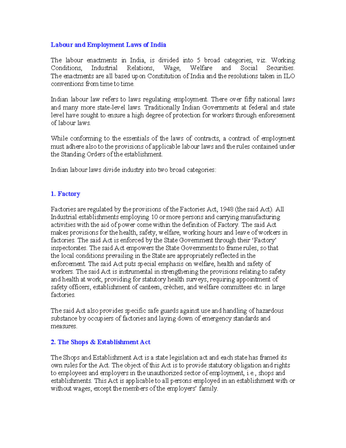 Labour and Employment Laws of India - - Studocu
