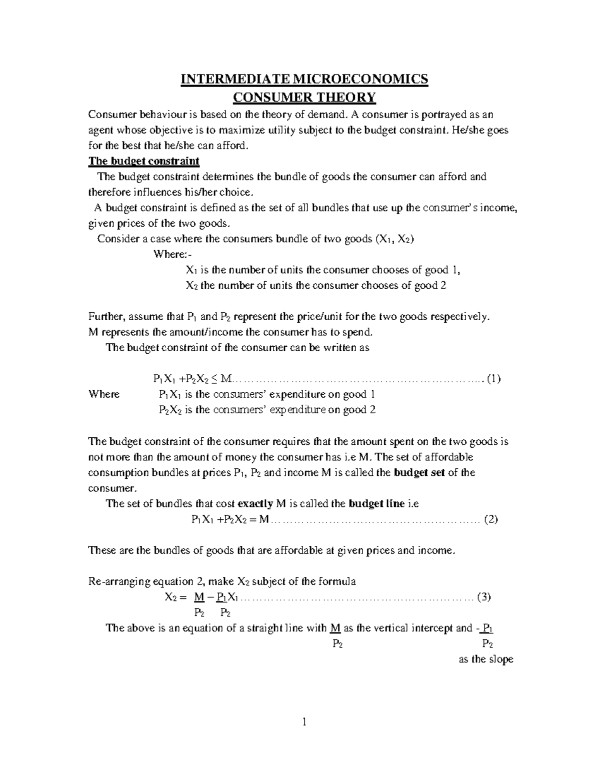 Topic TWO Theory OF Consumer Behavoiur - INTERMEDIATE MICROECONOMICS ...