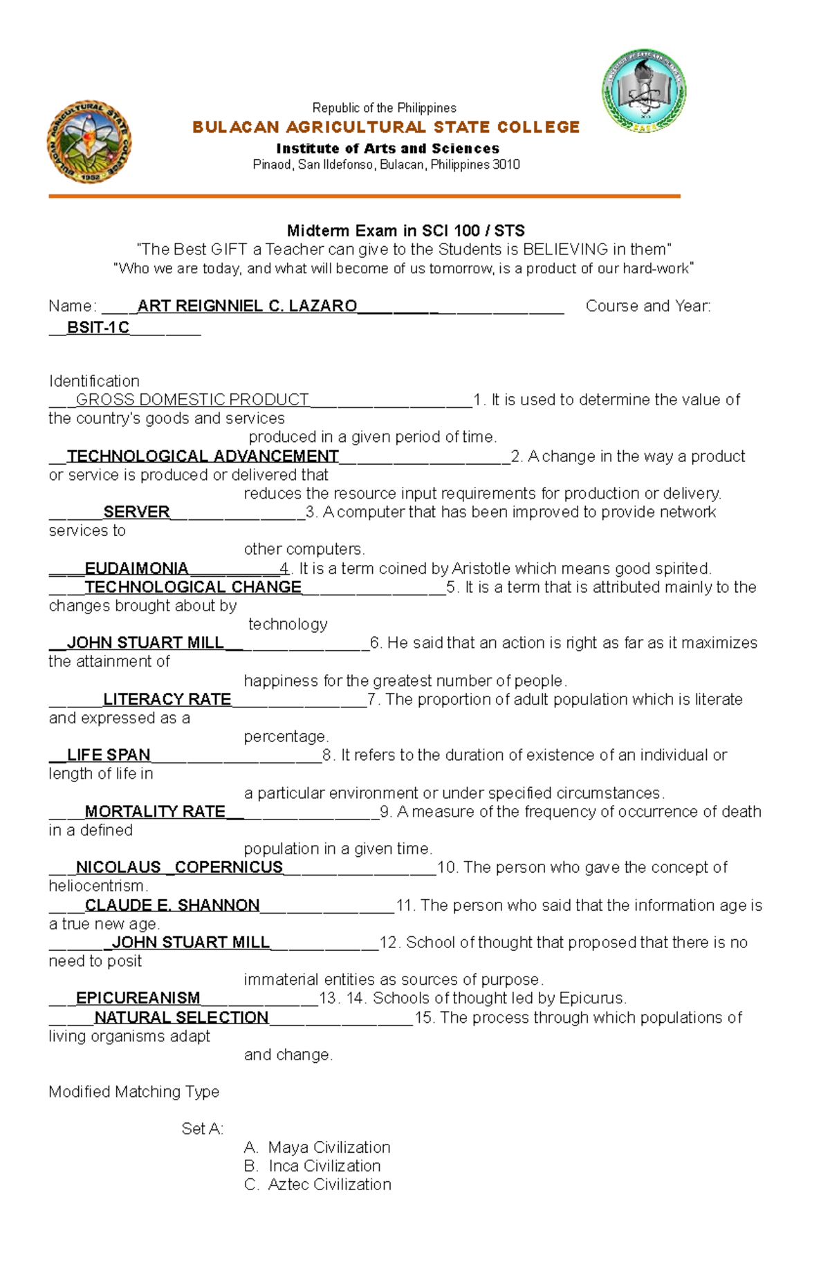 [Template] Midterm exam STS - Republic of the Philippines BULACAN ...