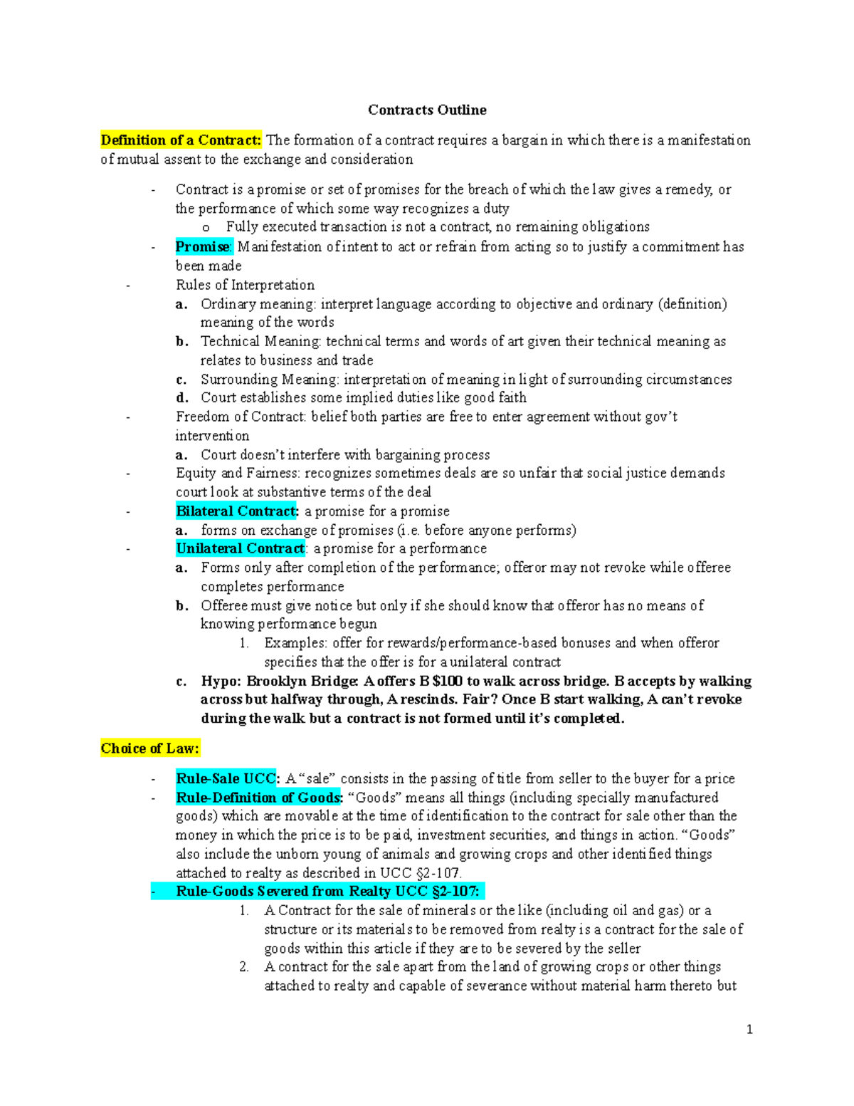 Contracts Aragaki Fall 2020 2 - Contracts Outline Definition of a Contract: The formation of a ...