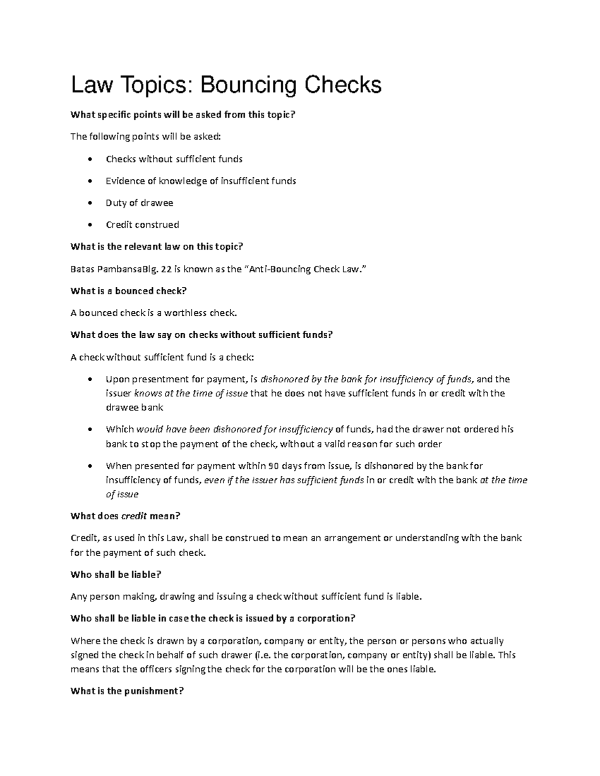 Bouncing Checks - Law Topics: Bouncing Checks What specific points will ...