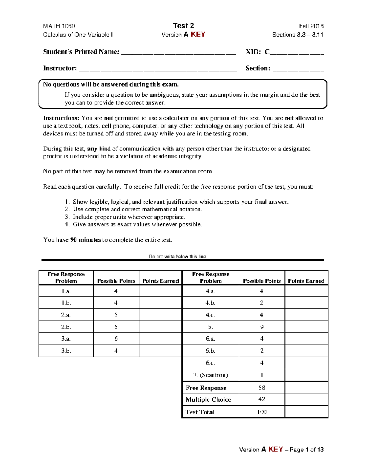 Math 1060-2018 08 test2-key - Calculus of One Variable I Version A KEY ...