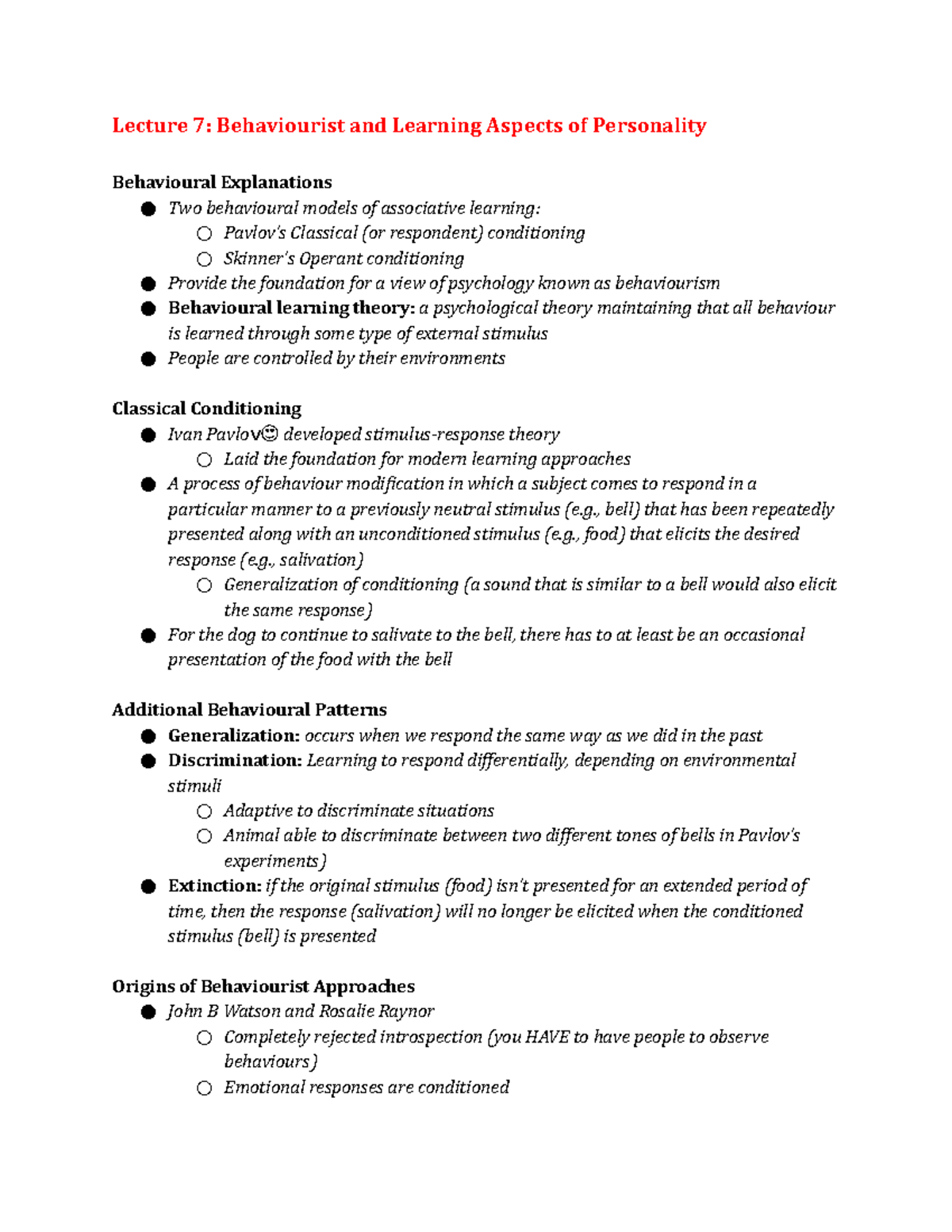 Lecture 7 Behaviourist and Learning Aspects of Personality - Lecture 7 ...