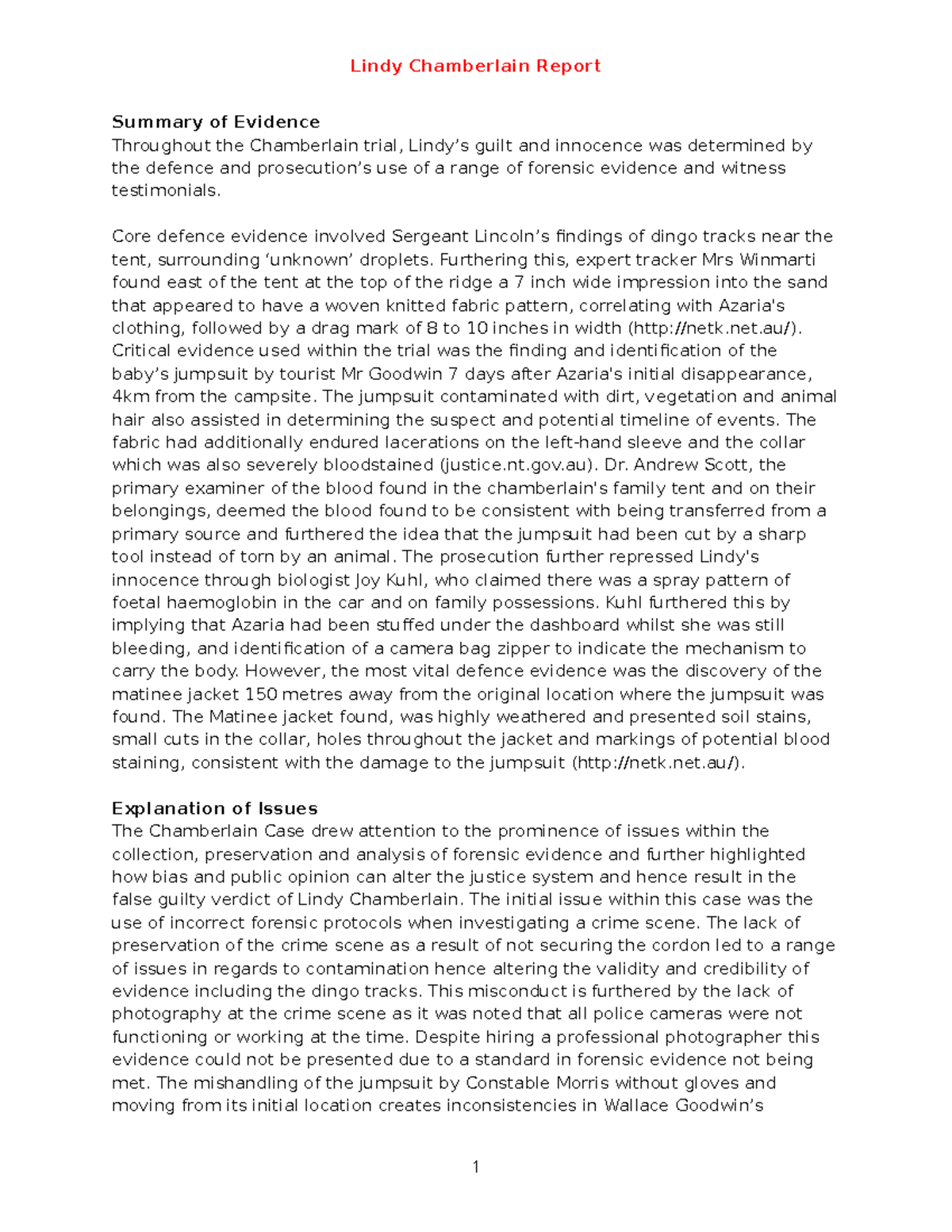 Major Assignment - Chamberlain Case - Lindy Chamberlain Report Summary ...