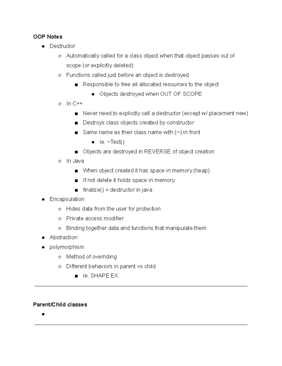 Computing Ii Review Notes Oop Notes Destructor Automatically Called For A Class Object When