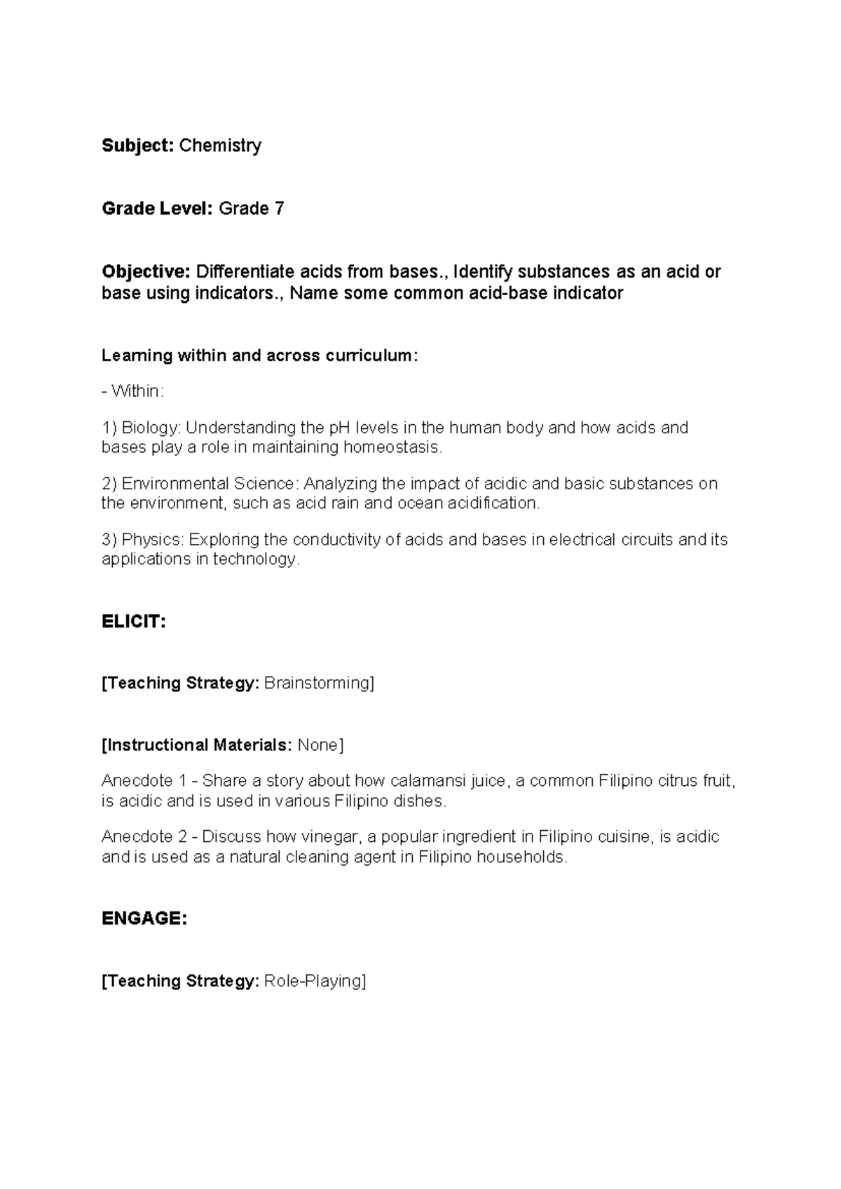 Lesson plan - Subject: Chemistry Grade Level: Grade 7 Objective ...