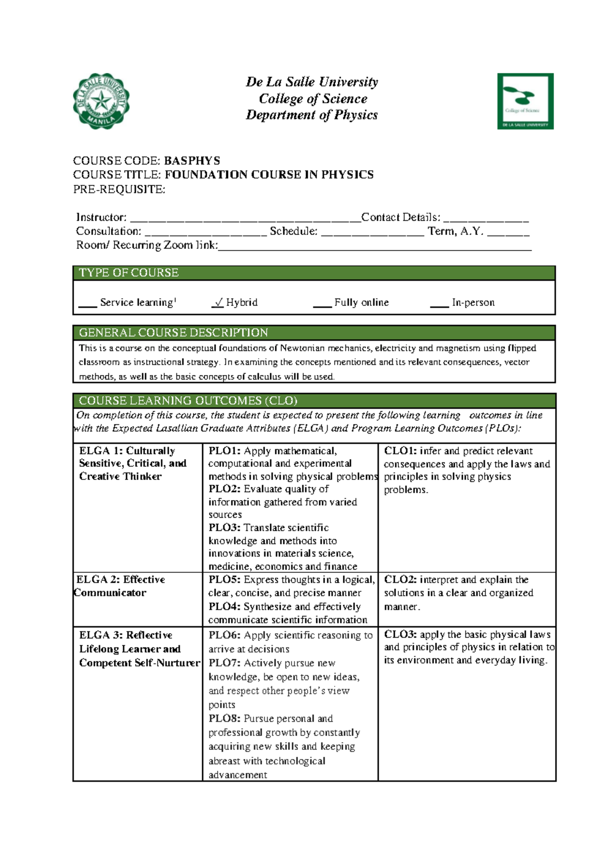 BASPHYS Syllabus - De La Salle University College of Science Department ...