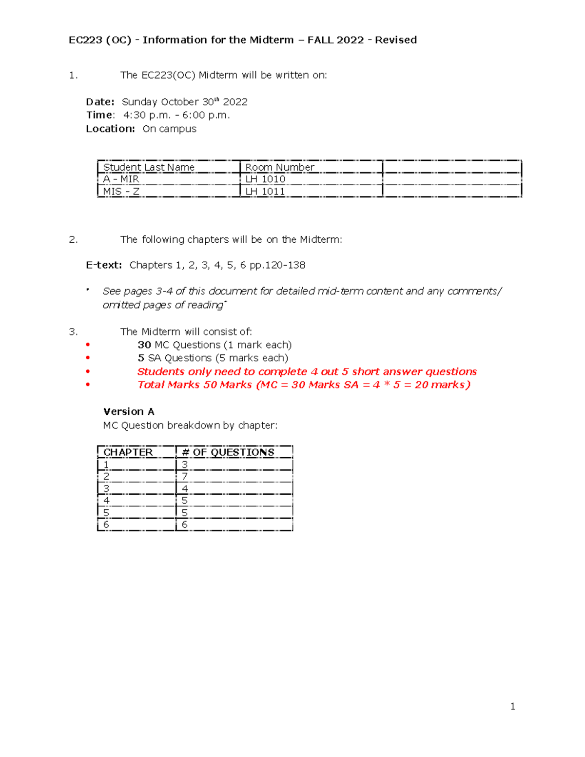 EC223OC - Midterm INFO FALL 2022 - Updated WITH RM Number - The EC223 ...