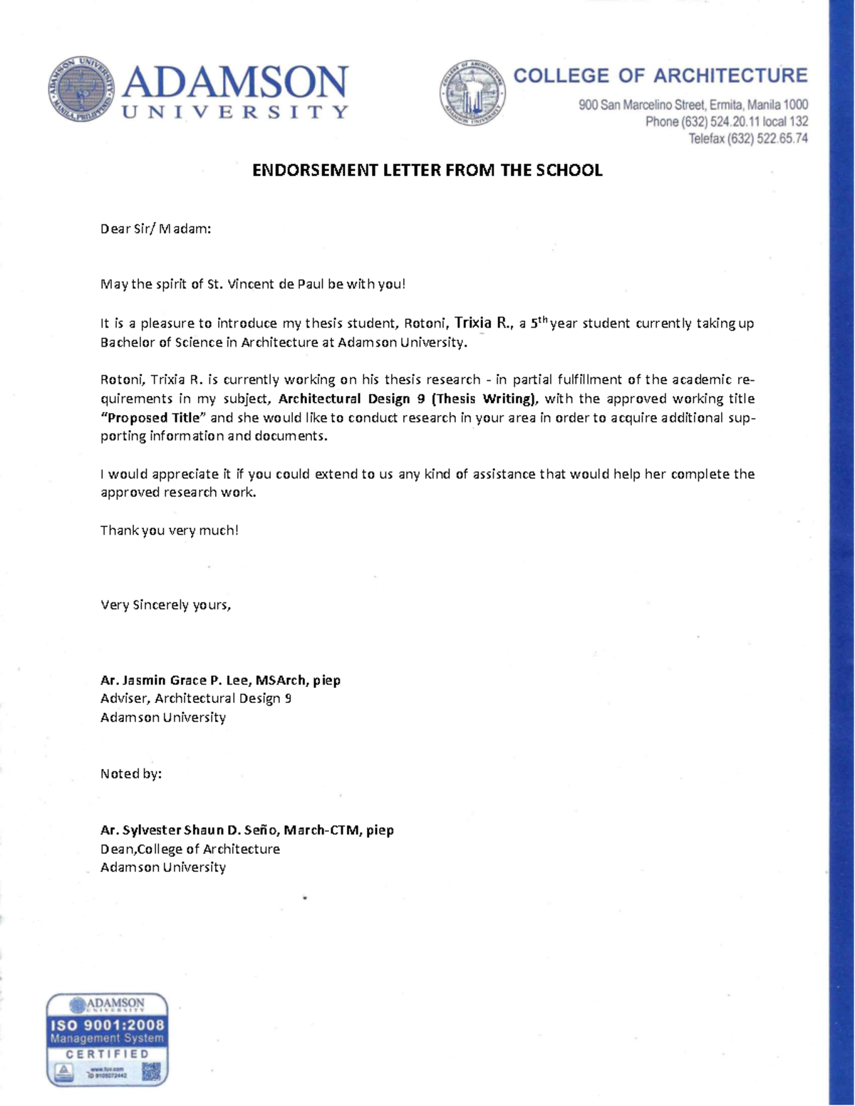 Ardes 09 FORM 01 Endorsement Letter FROM School - ENDORSEMENT LETTER ...