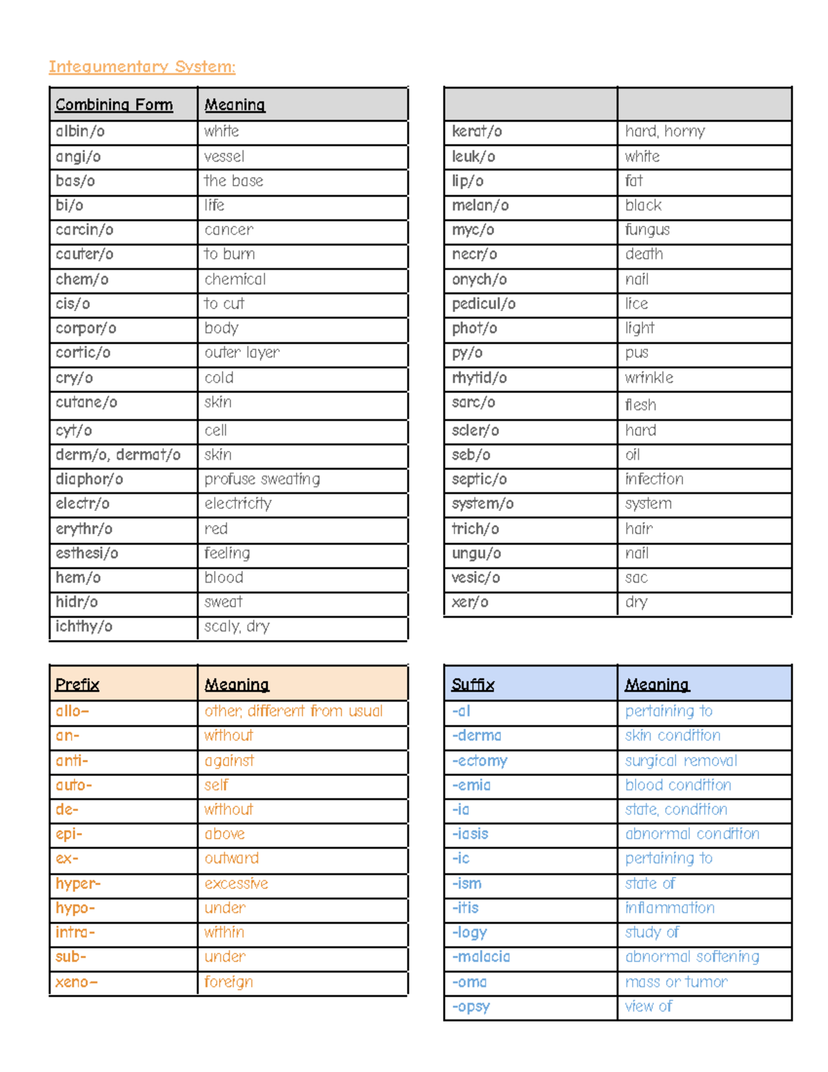 Chapter 3 - Integumentary System Word Chart - Integumentary System ...