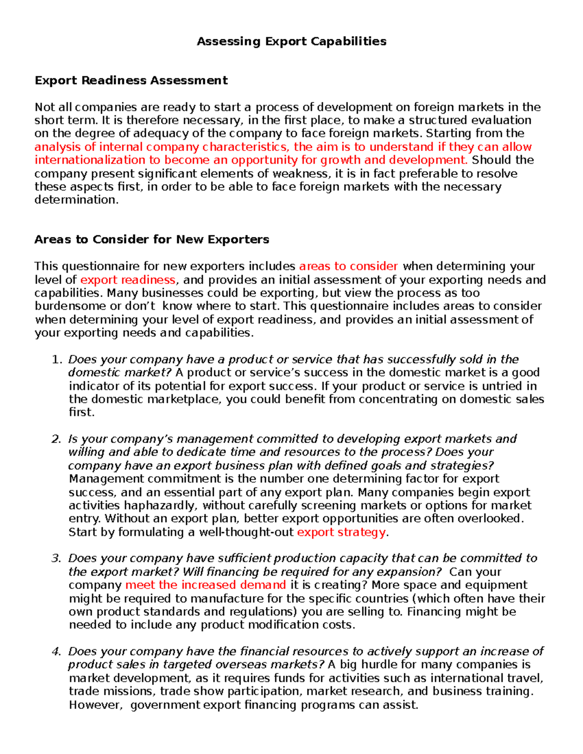 Chapter 9 Assessing Export Capabilities - Assessing Export Capabilities ...