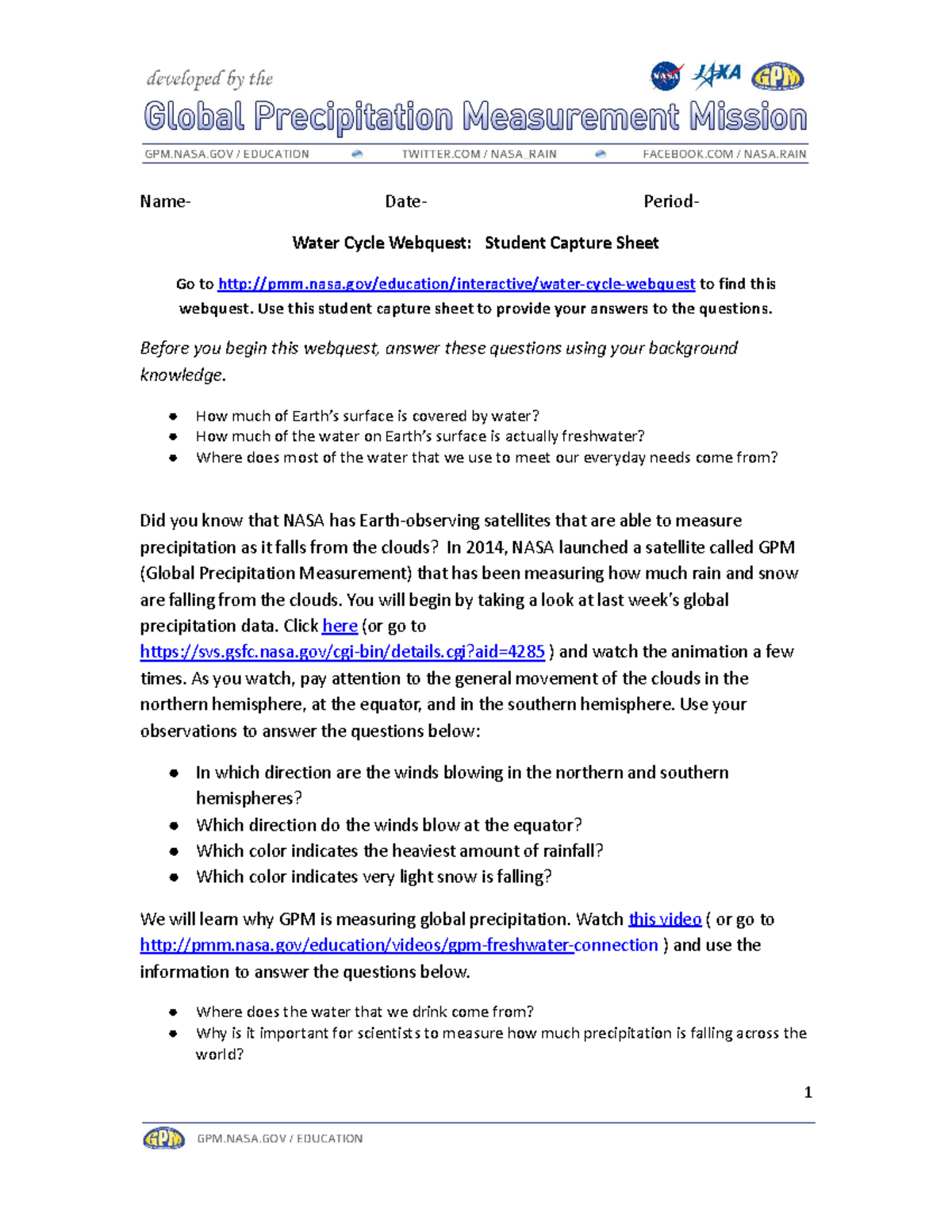 Water Cycle webquest Student Capture Sheet revision - Name- Date ...