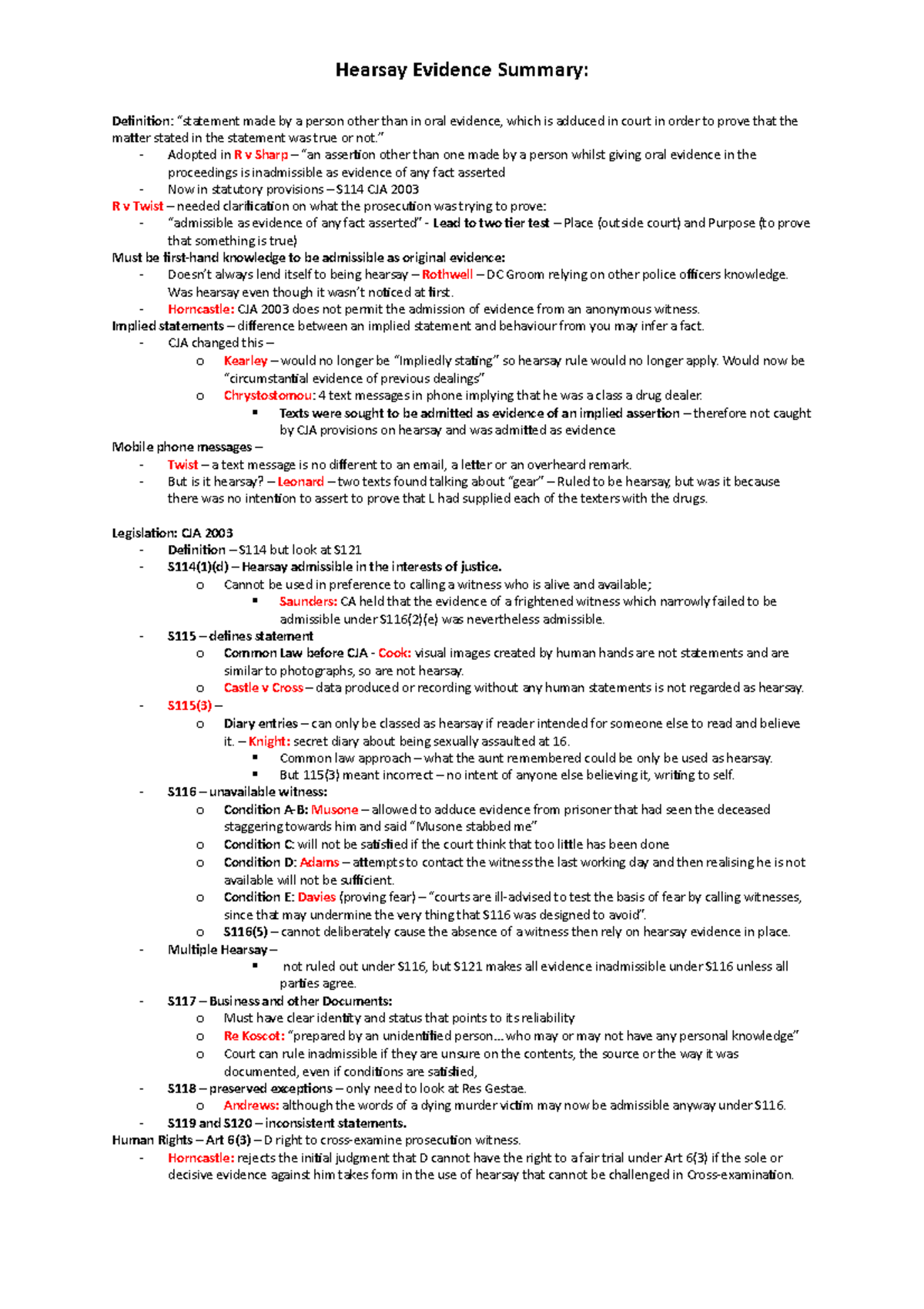 Hearsay key words - tutor - klentiana - Hearsay Evidence Summary ...