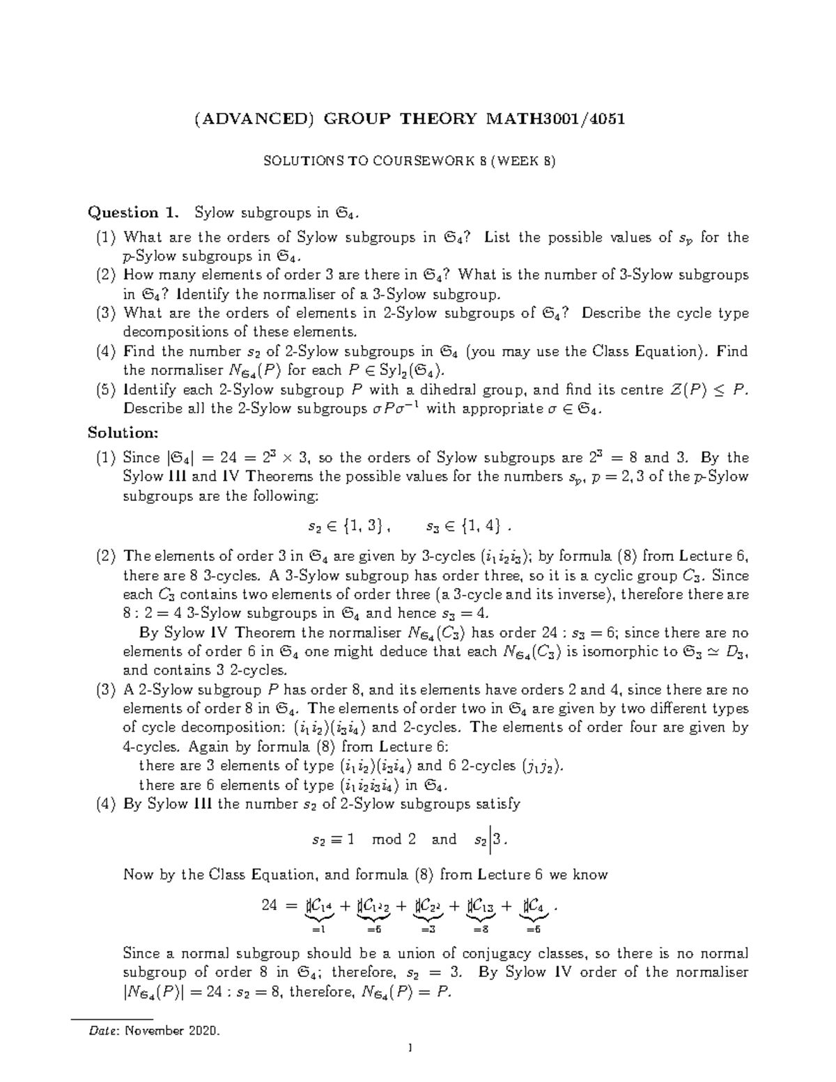Questions and solutions to the 8th group theory assignment (MSc-level ...