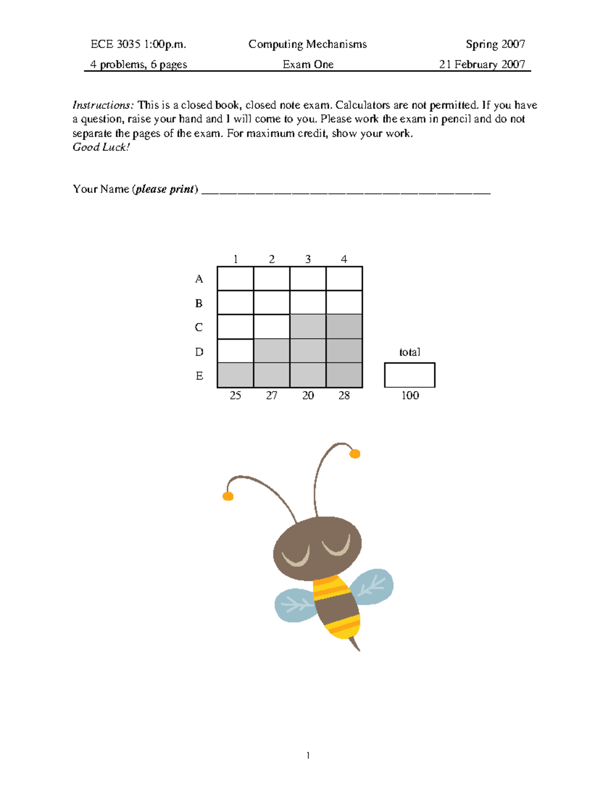 SP07 Exam 1 B - Practice Tests - 4 problems, 6 pages Exam One 21 ...
