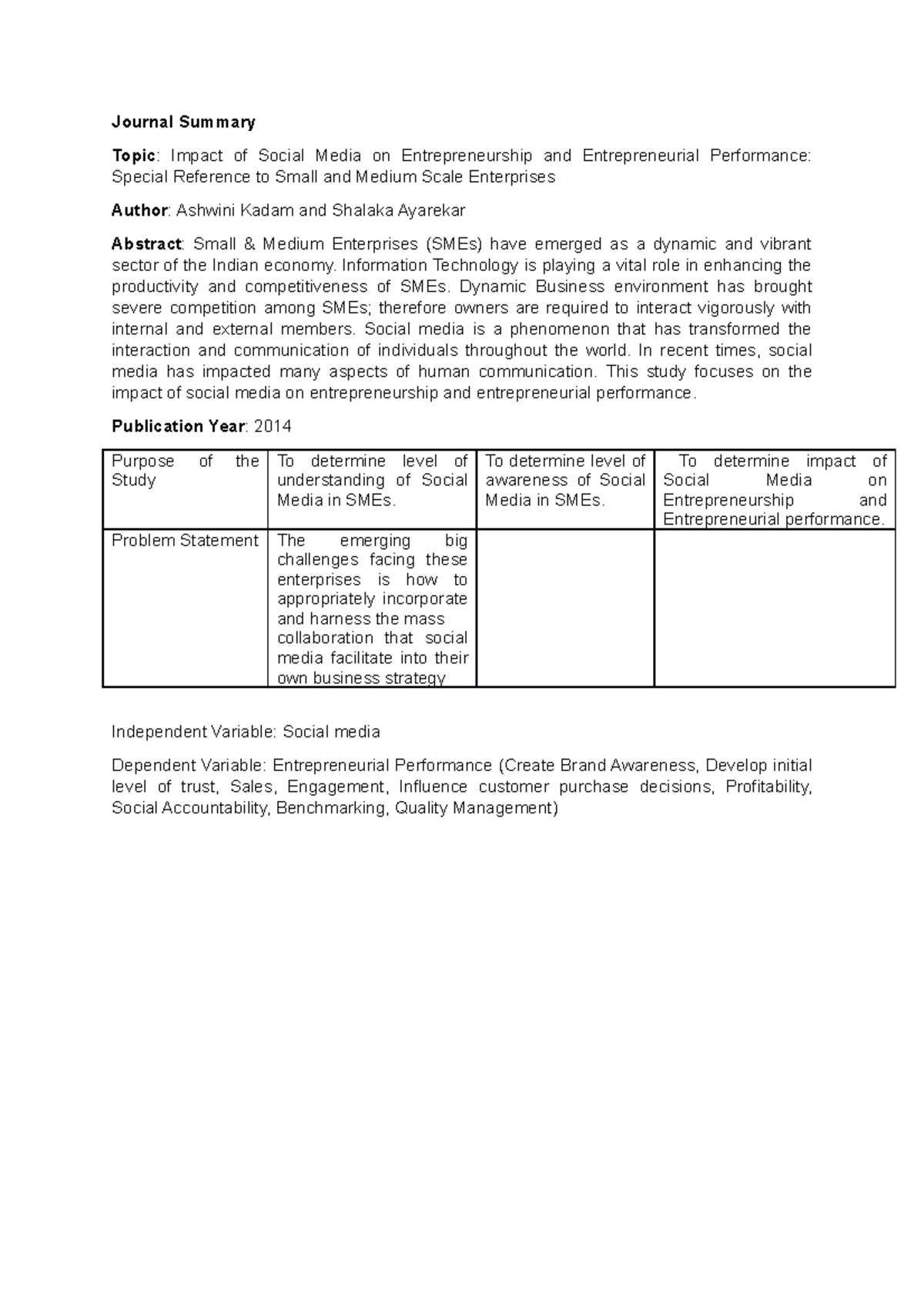 Journal Summary Practise 1 - Journal Summary Topic : Impact of Social ...