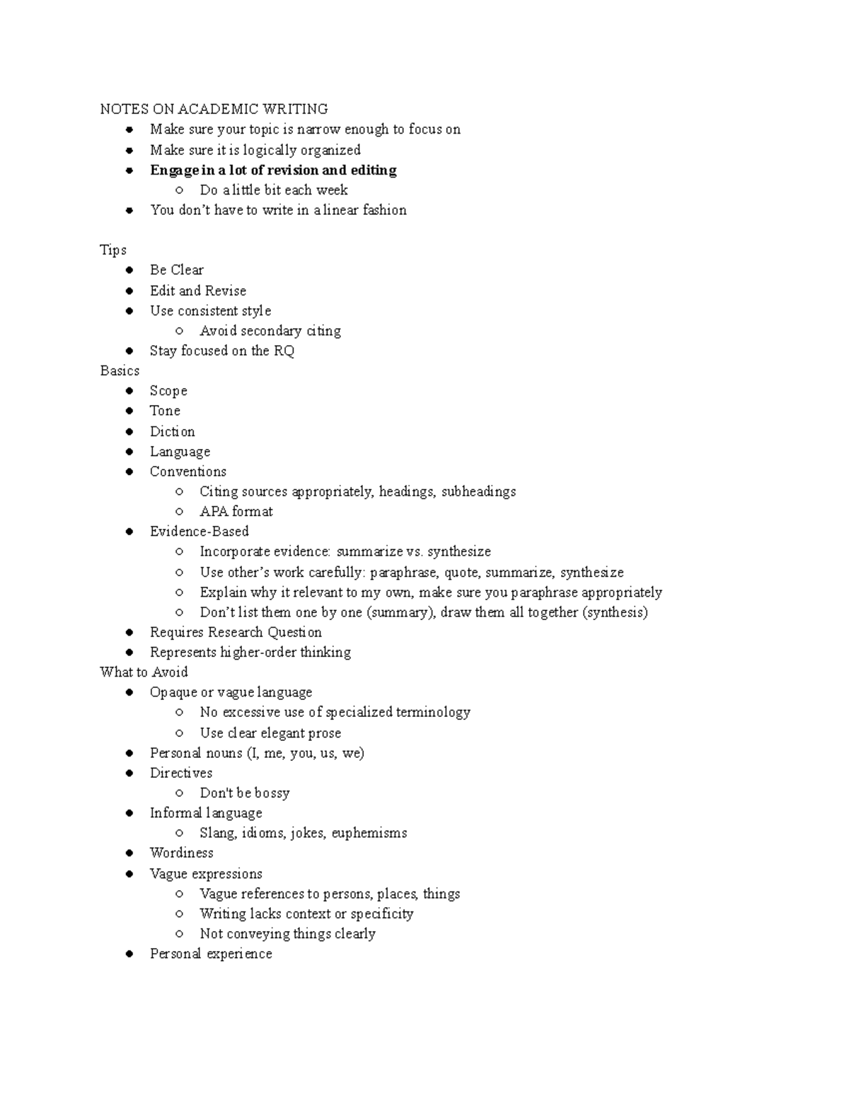 Week 7 Pre-Class Activity - NOTES ON ACADEMIC WRITING Make sure your ...