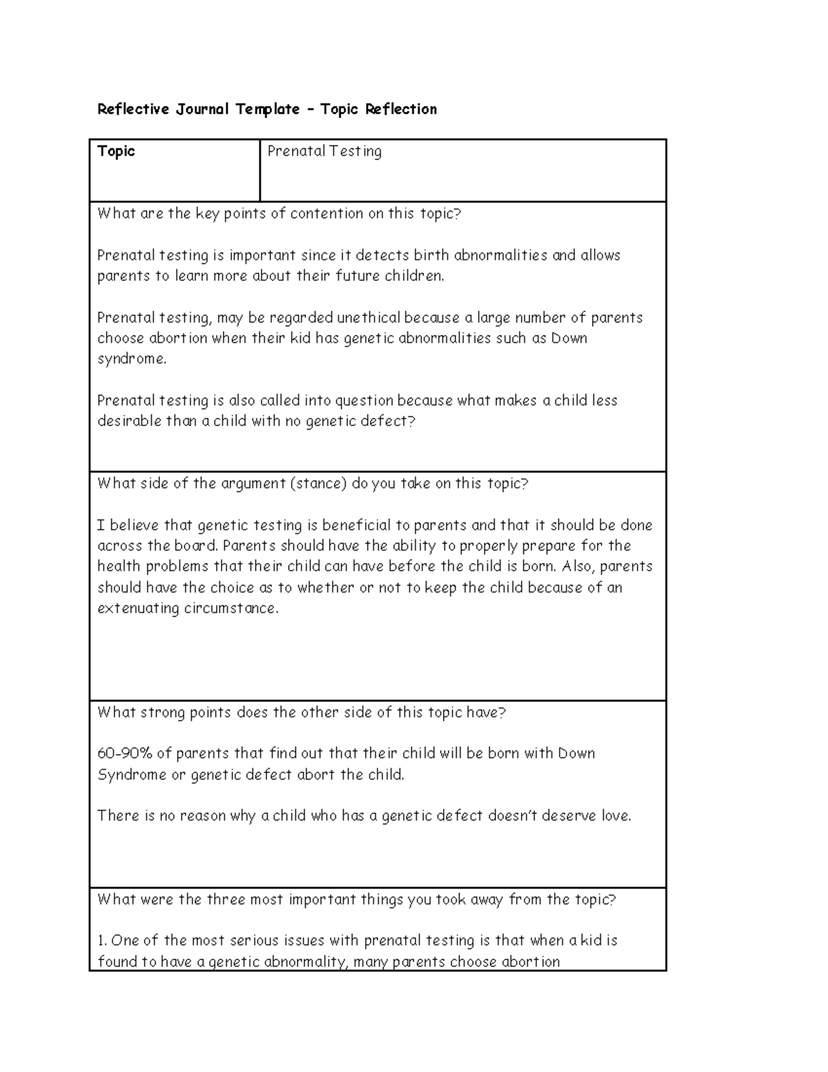 Prenatal Testing - N/A - Reflective Journal Template – Topic Reflection ...