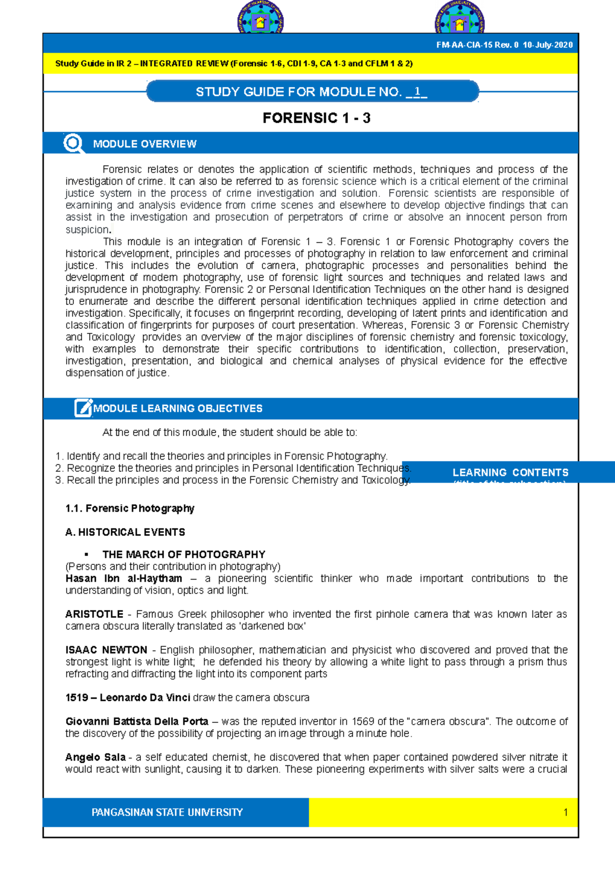 SG 1 Module 1-IR 2 - notes only - 1 FORENSIC 1 - 3 MODULE OVERVIEW ...