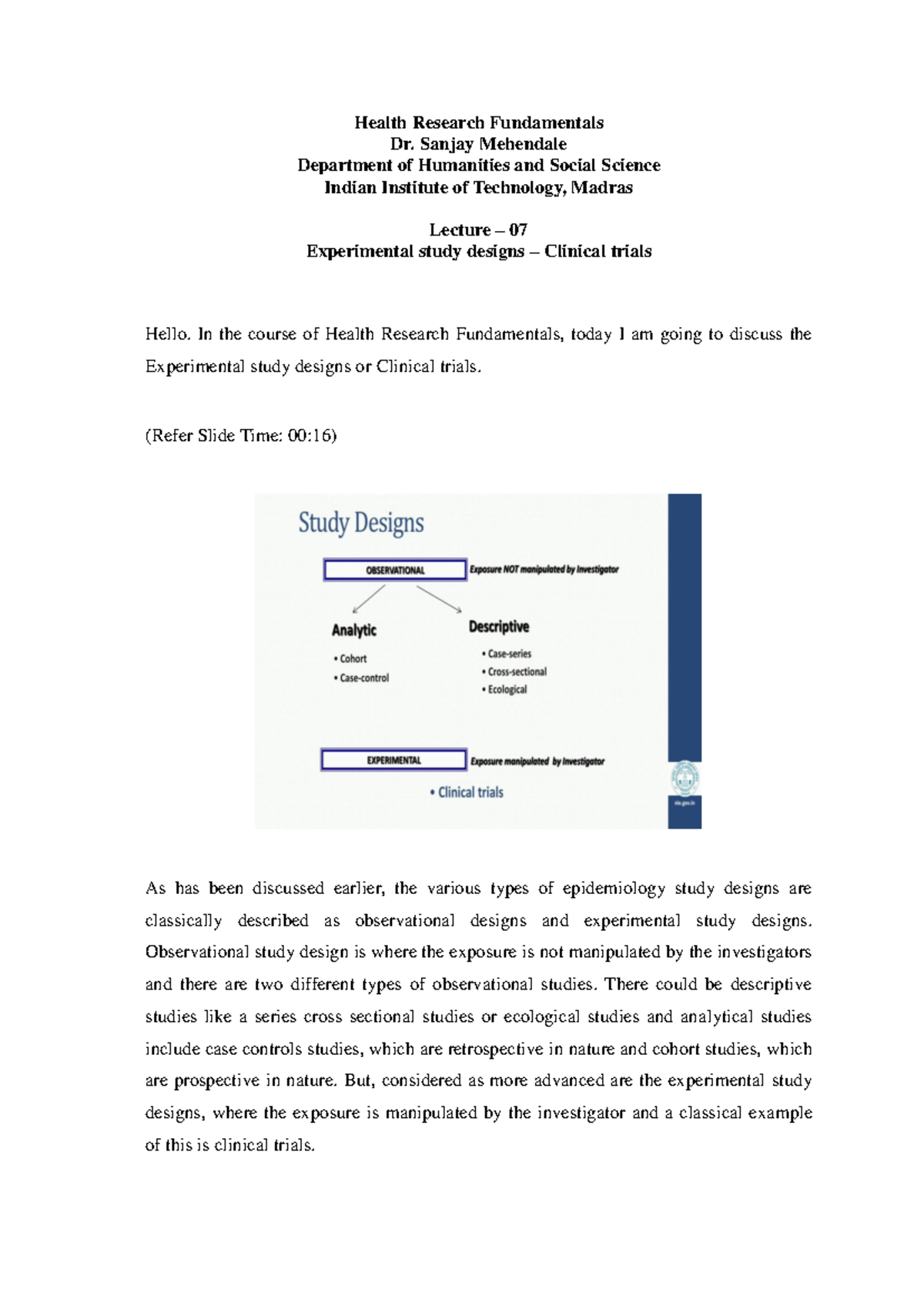 Experimental studies - Notes - Health Research Fundamentals Dr. Sanjay ...