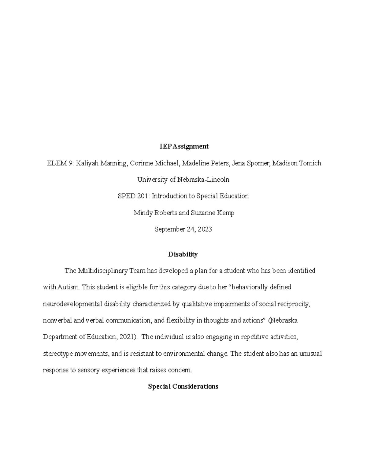 SPED 201 IEP Assignment - IEP Assignment ELEM 9: Kaliyah Manning, Corinne Michael, Madeline ...