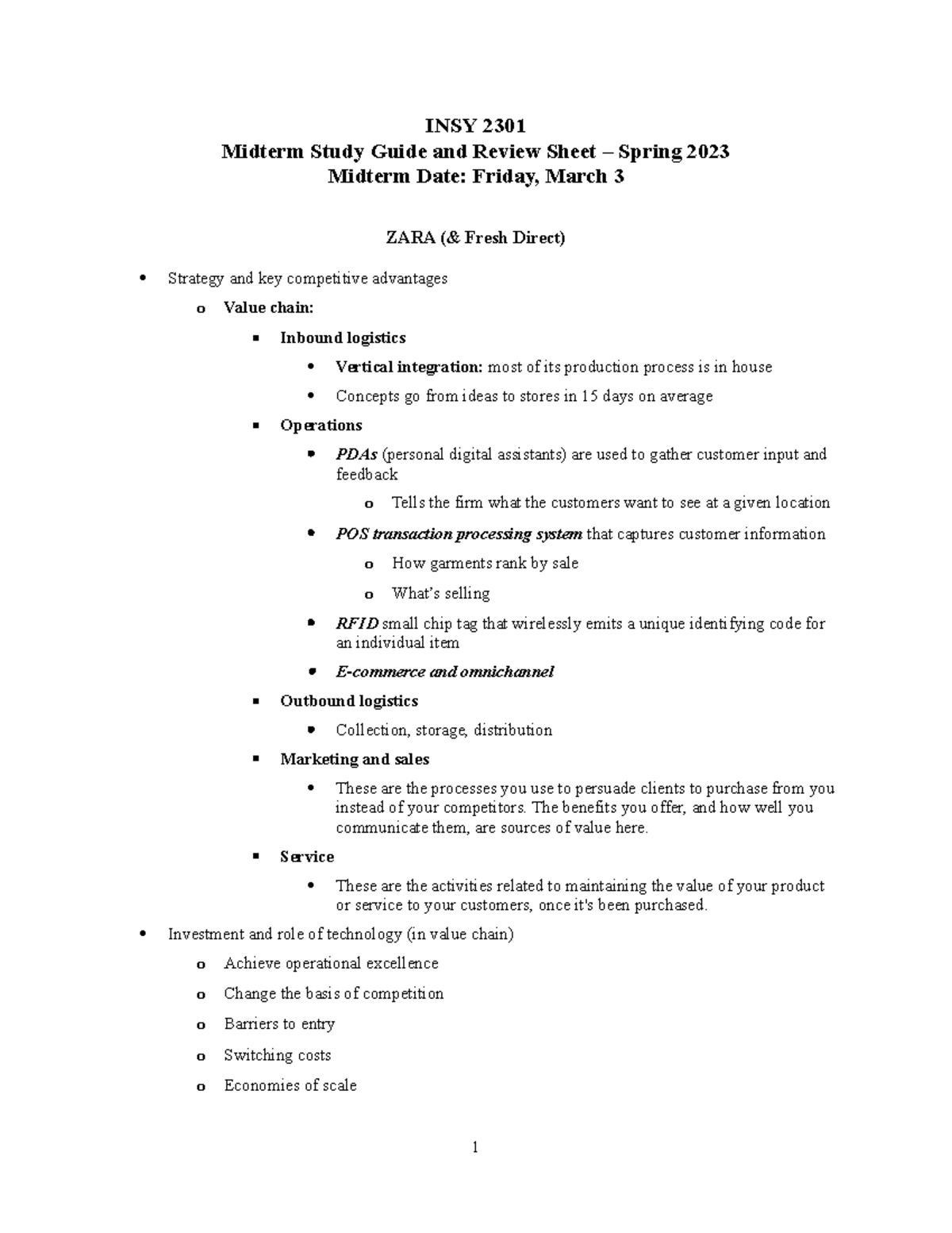 Midterm Study Guide Spring 2023 - INSY 2301 Midterm Study Guide and Review Sheet – Spring 2023 ...