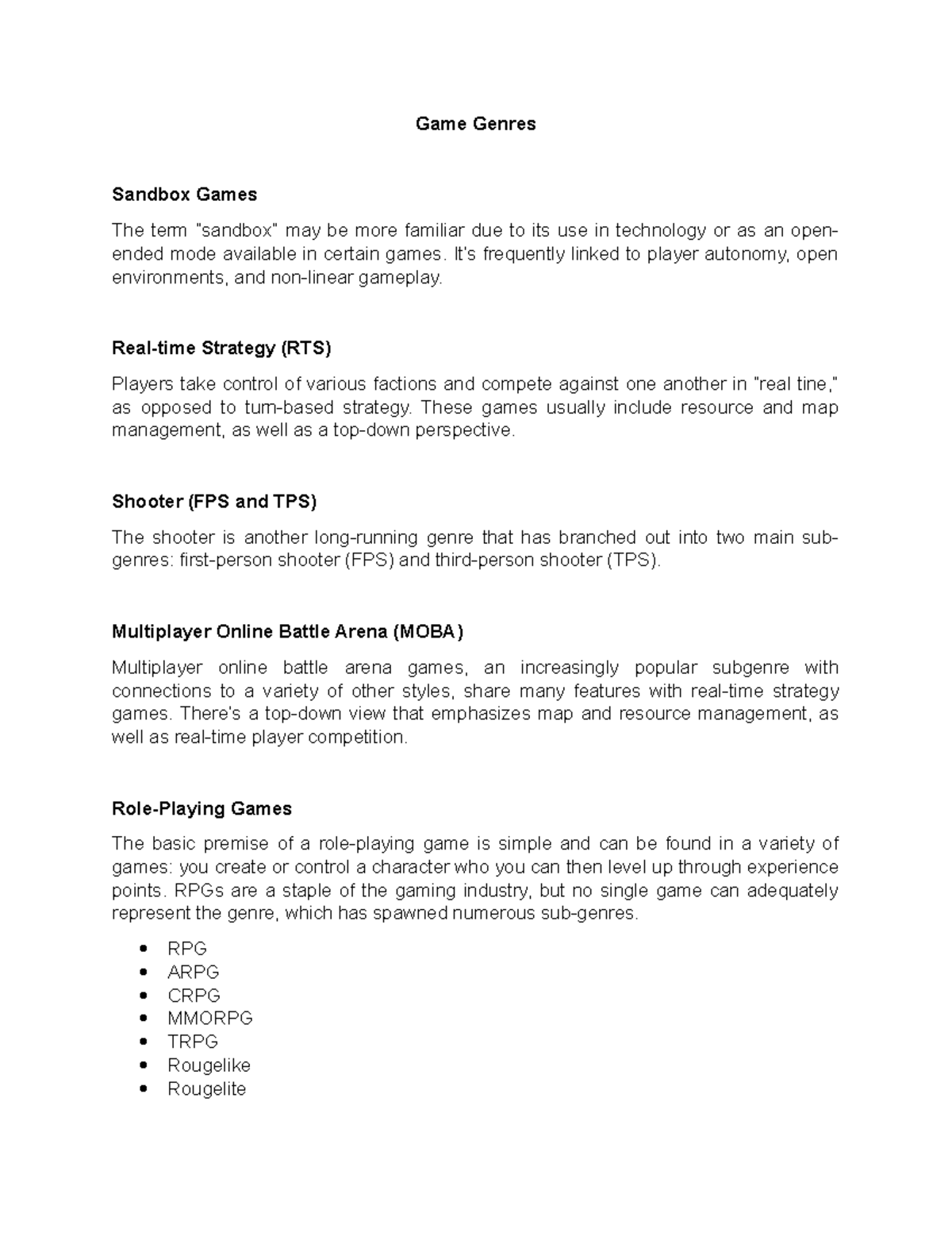 Game development game genres - Game Genres Sandbox Games The term ...