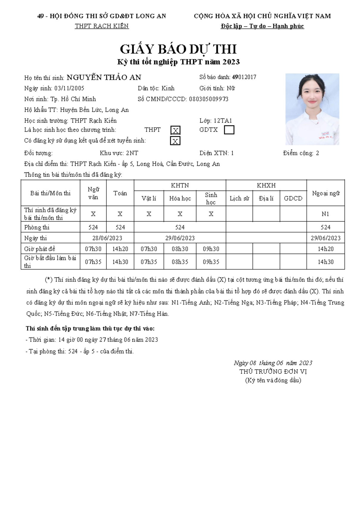 T1 Giay bao du thi lop 12TA1 11 - THPT RẠCH KIẾN Độc lập – Tự do – Hạnh ...