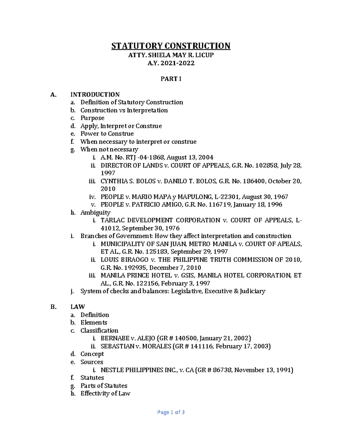 2022-statcon-syllabus-PART-I - Page 1 of 3 STATUTORY CONSTRUCTION ATTY. SHIELA MAY R. LICUP A ...