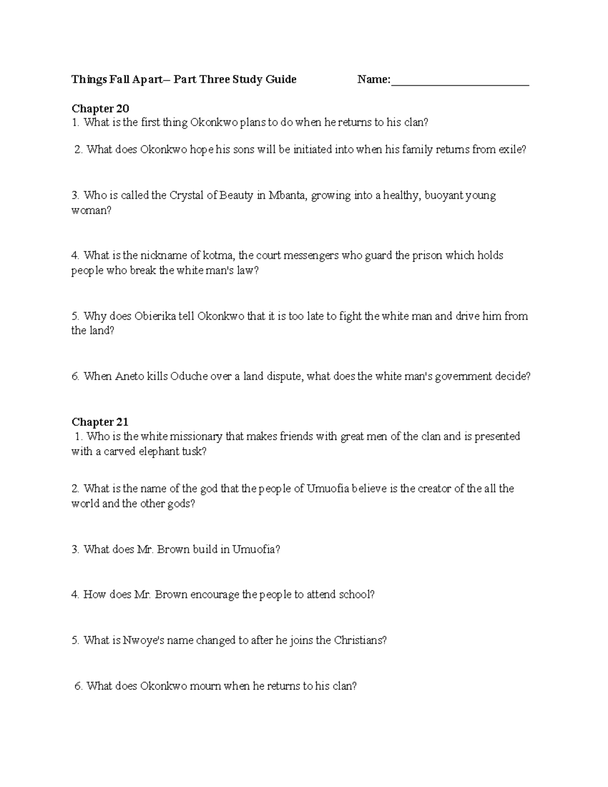 Things Fall Apart Part 3 Guide - Things Fall Apart- Part Three Study ...